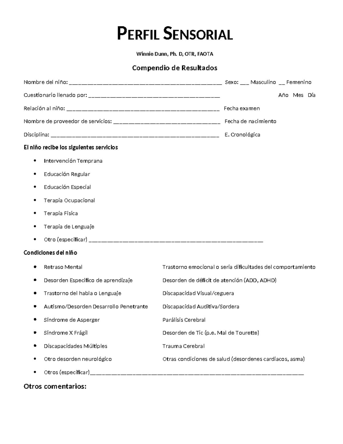 Perfil Sensorial (POST 5 AÑOS) - PERFIL SENSORIAL Winnie Dunn, Ph. D ...