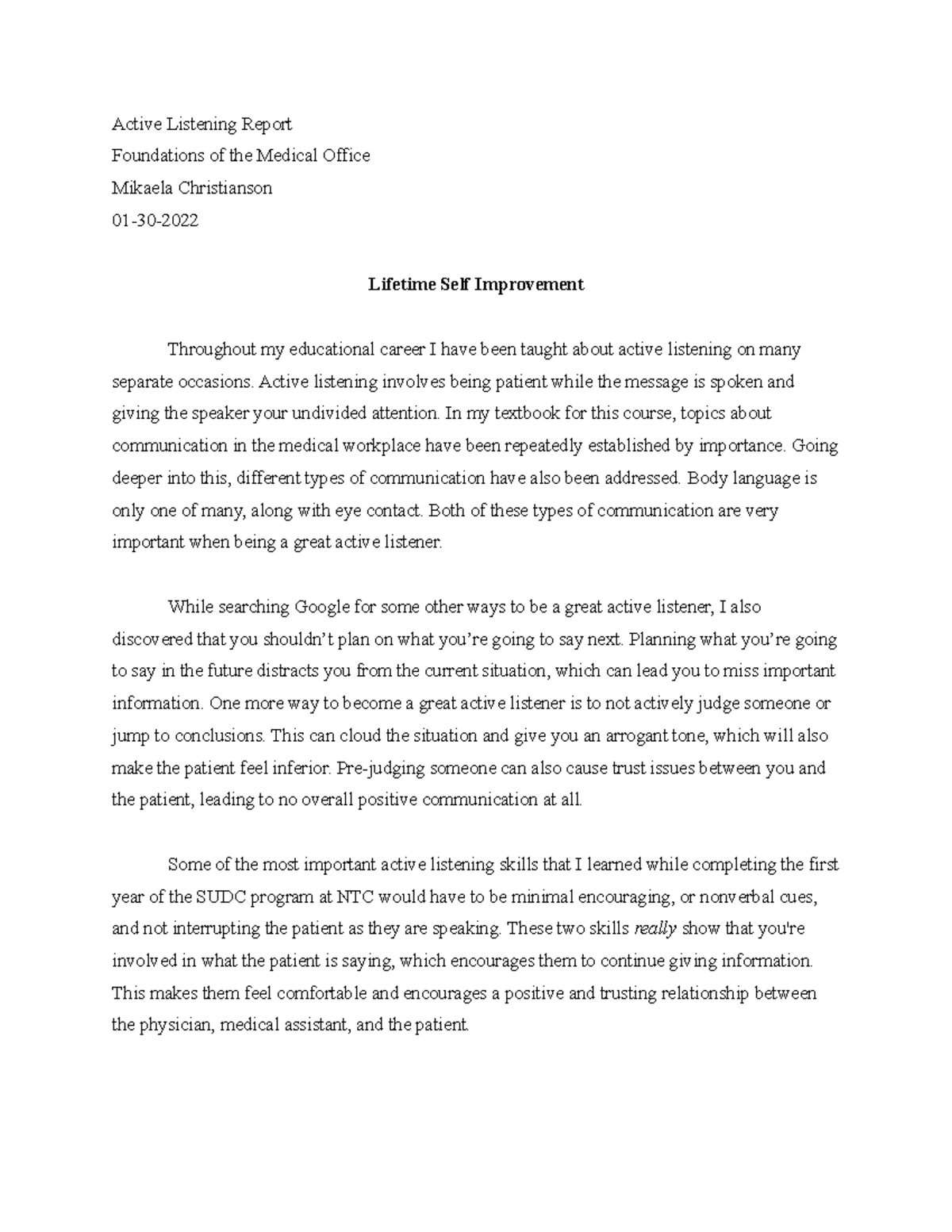 Active Listening Report - Christianson - Active Listening Report ...