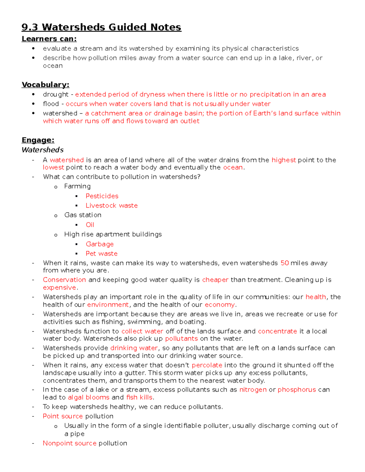 Watersheds Guided Notes Completed - 9 Watersheds Guided Notes Learners ...