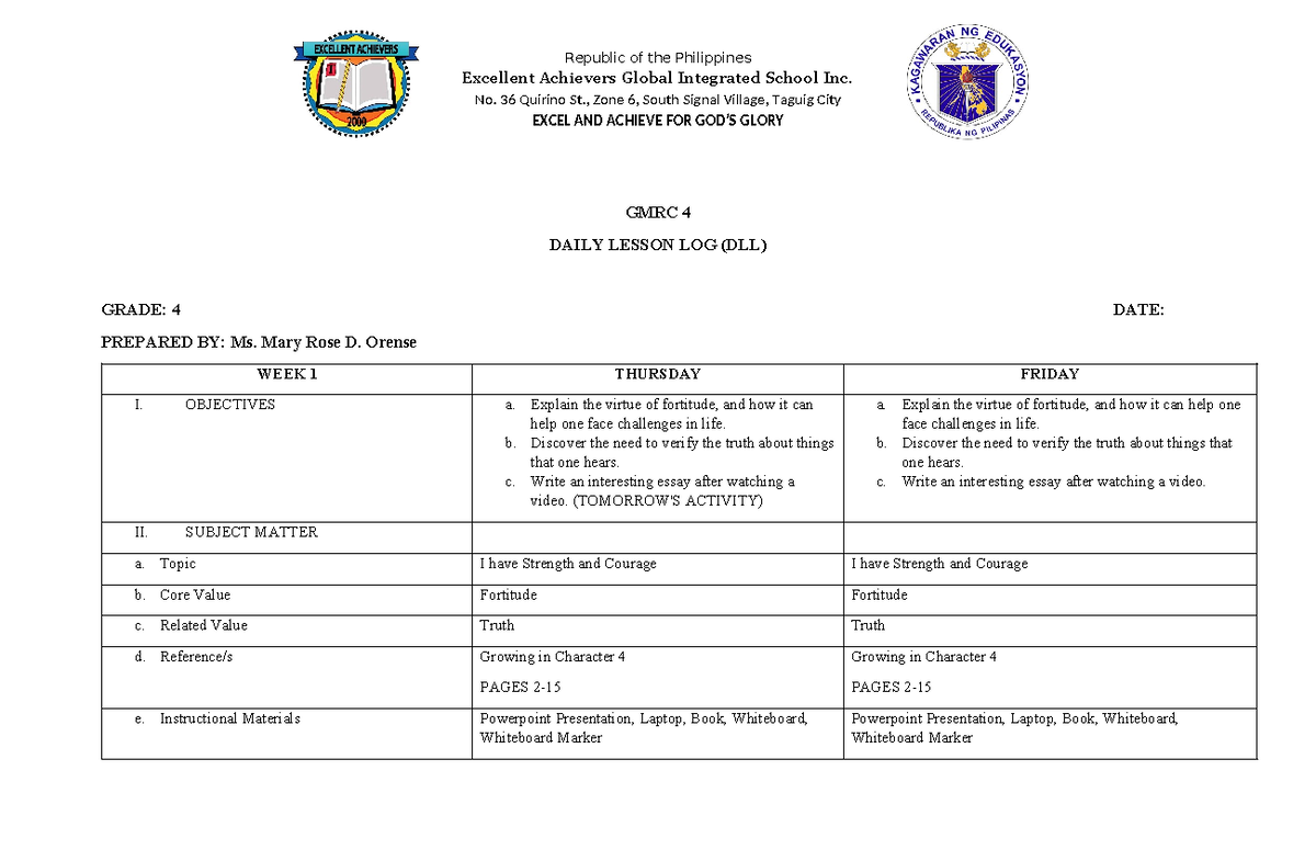 GMRC 4 WEEK 1 - DLL - Excellent Achievers Global Integrated School Inc ...
