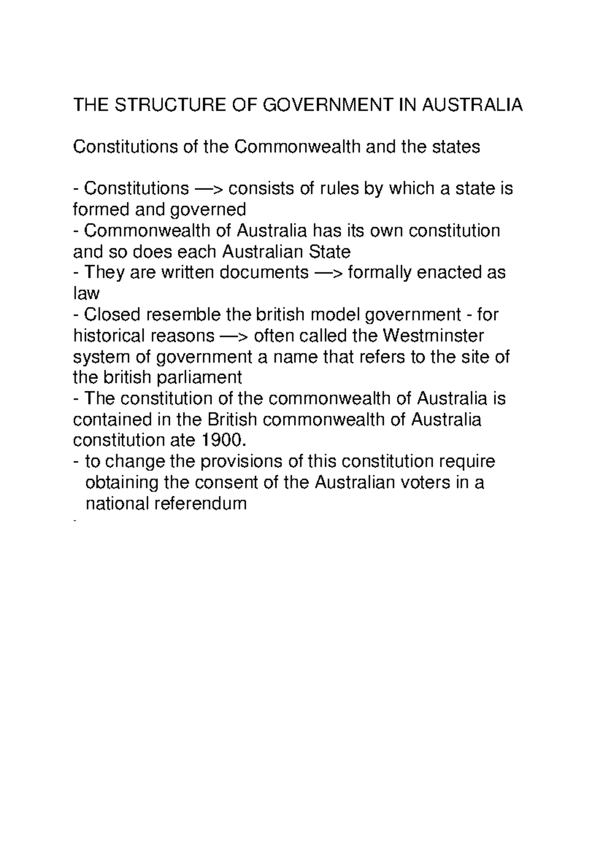 Summary - THE STRUCTURE OF GOVERNMENT IN AUSTRALIA Constitutions of the ...