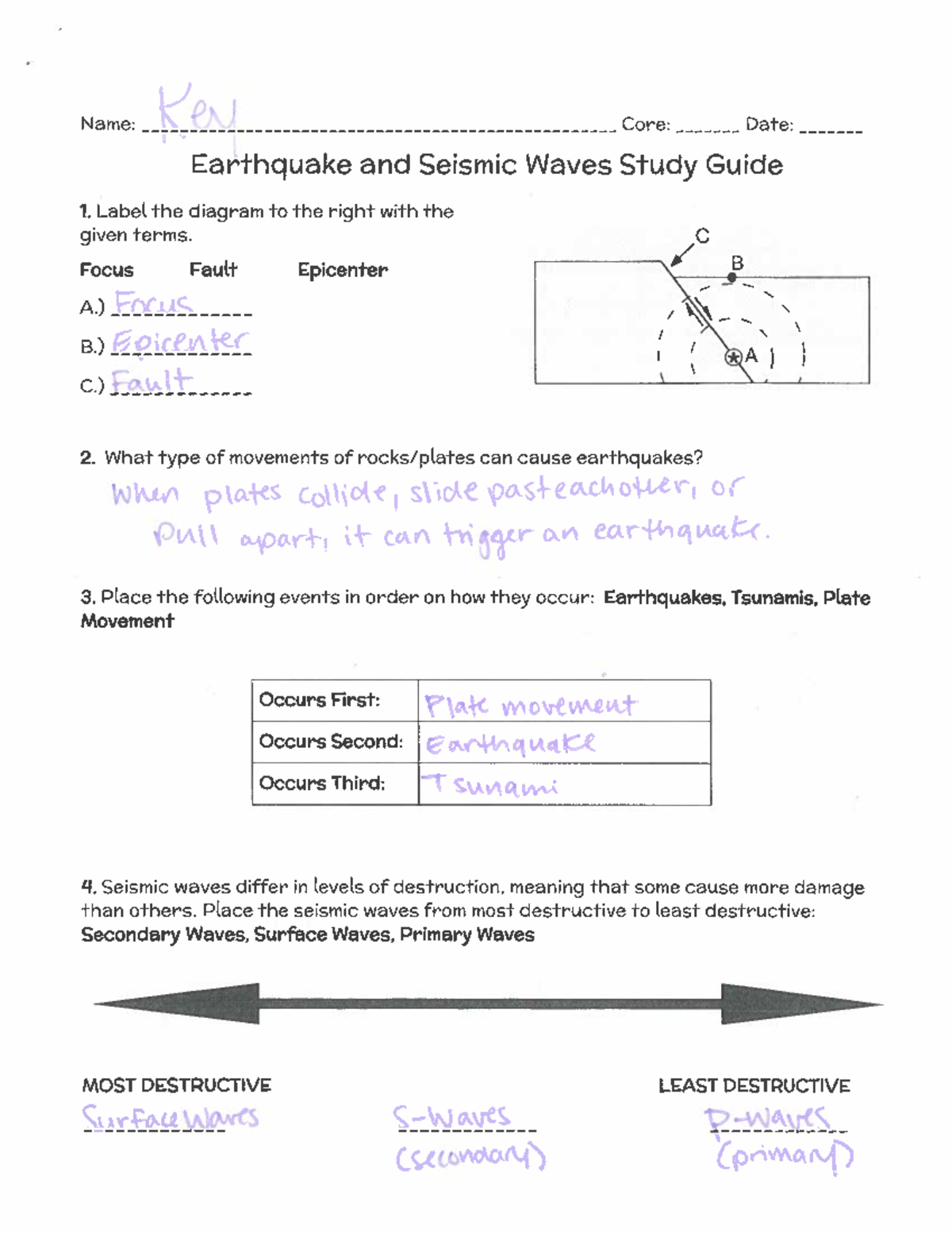 Earthquakes Seismic Waves SG KEY - Name: Key Core: Date: Earthquake and ...