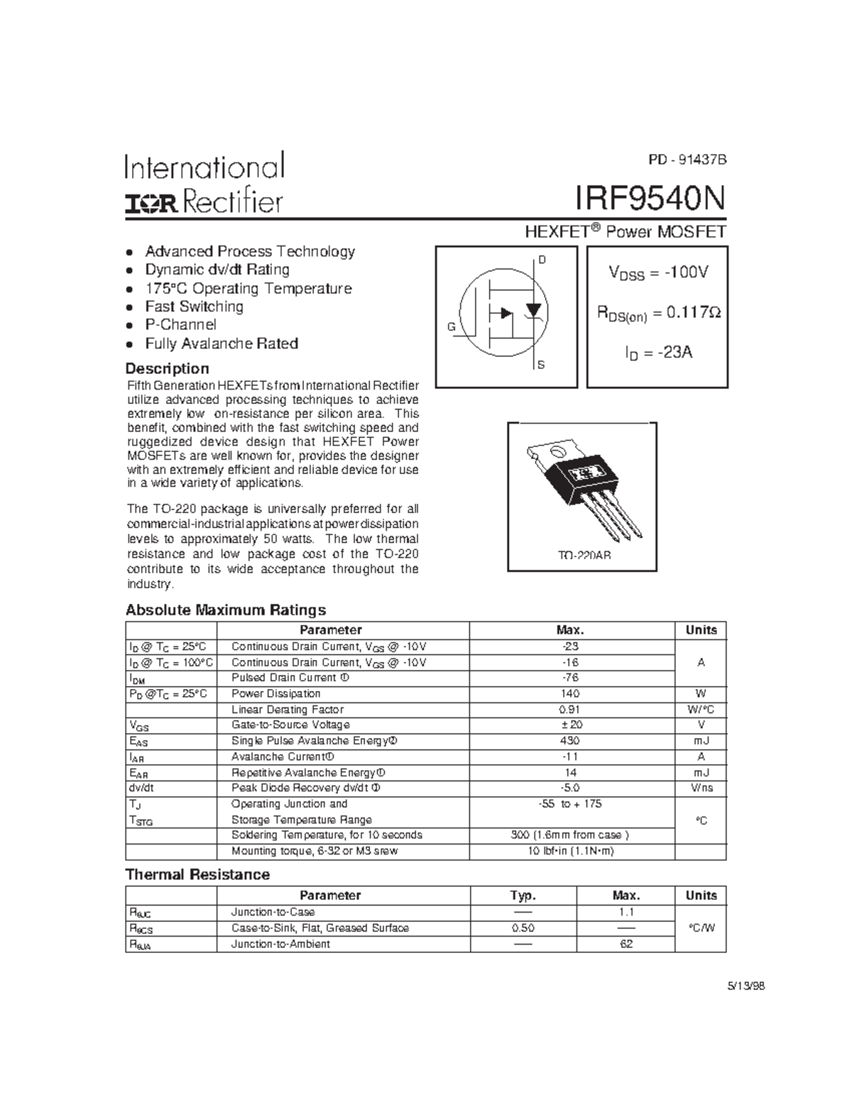 Irf9540 - Solution - IRF9540N HEXFET® Power MOSFET PD - 91437B ...