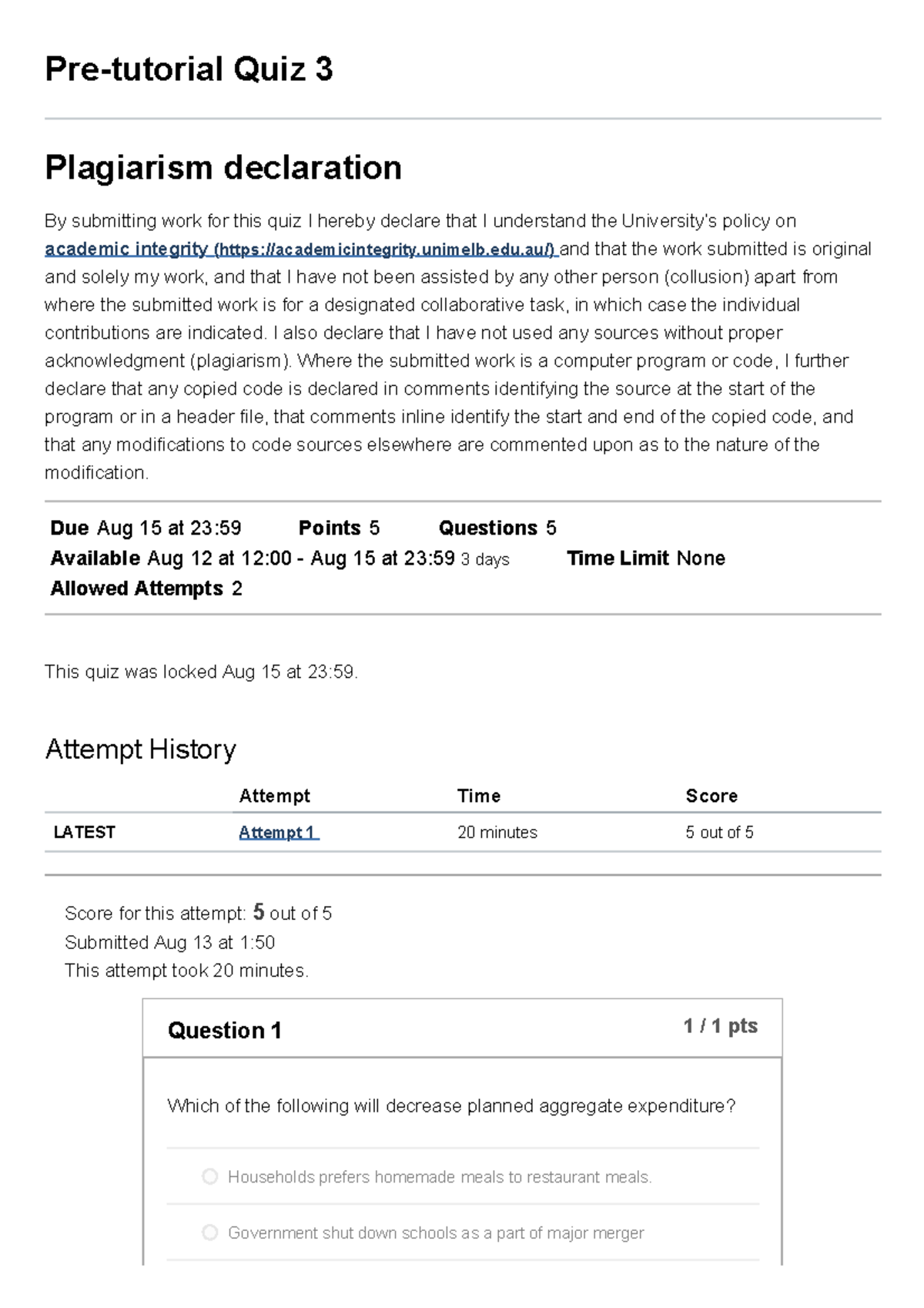 Pre-tutorial Quiz 3 answer 2021 sem2 - ECON10003 - Unimelb - Studocu