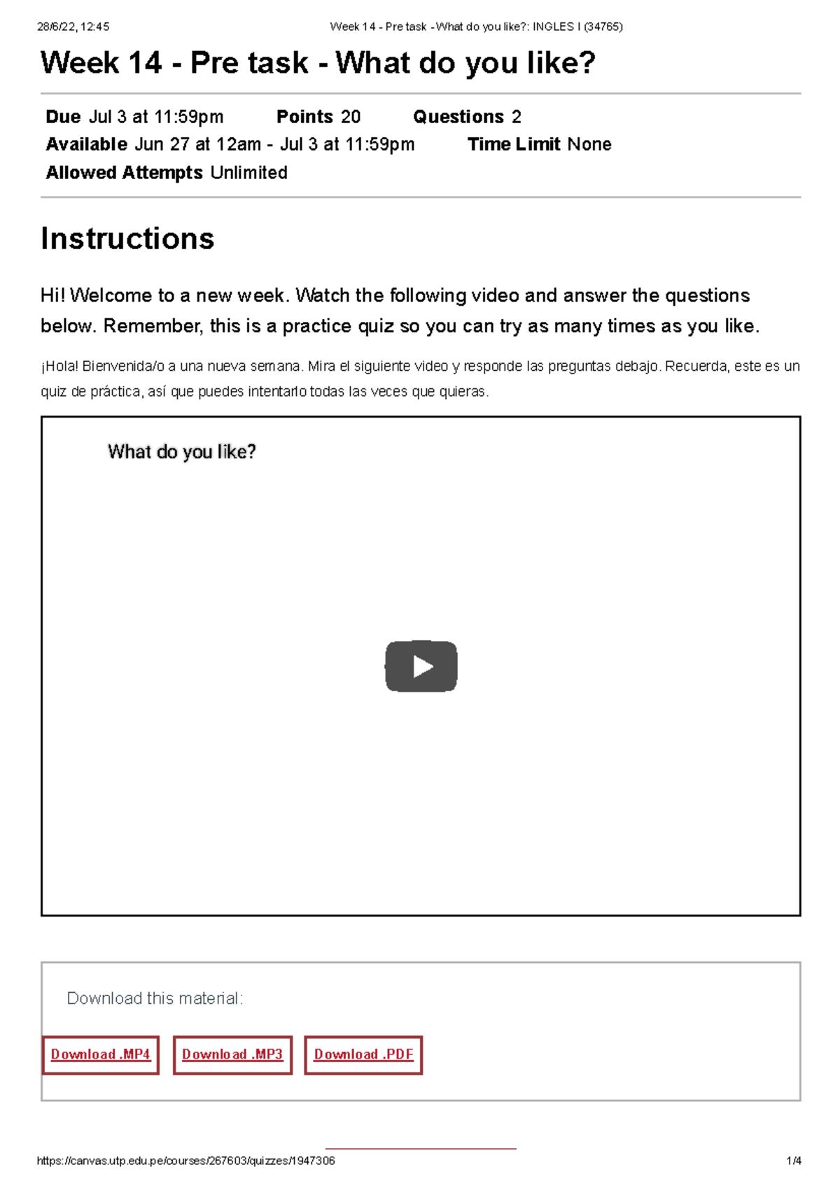 Week 14 - Pre task - What do you like Ingles I (34765) - Week 14 - Pre task - What do you like ...