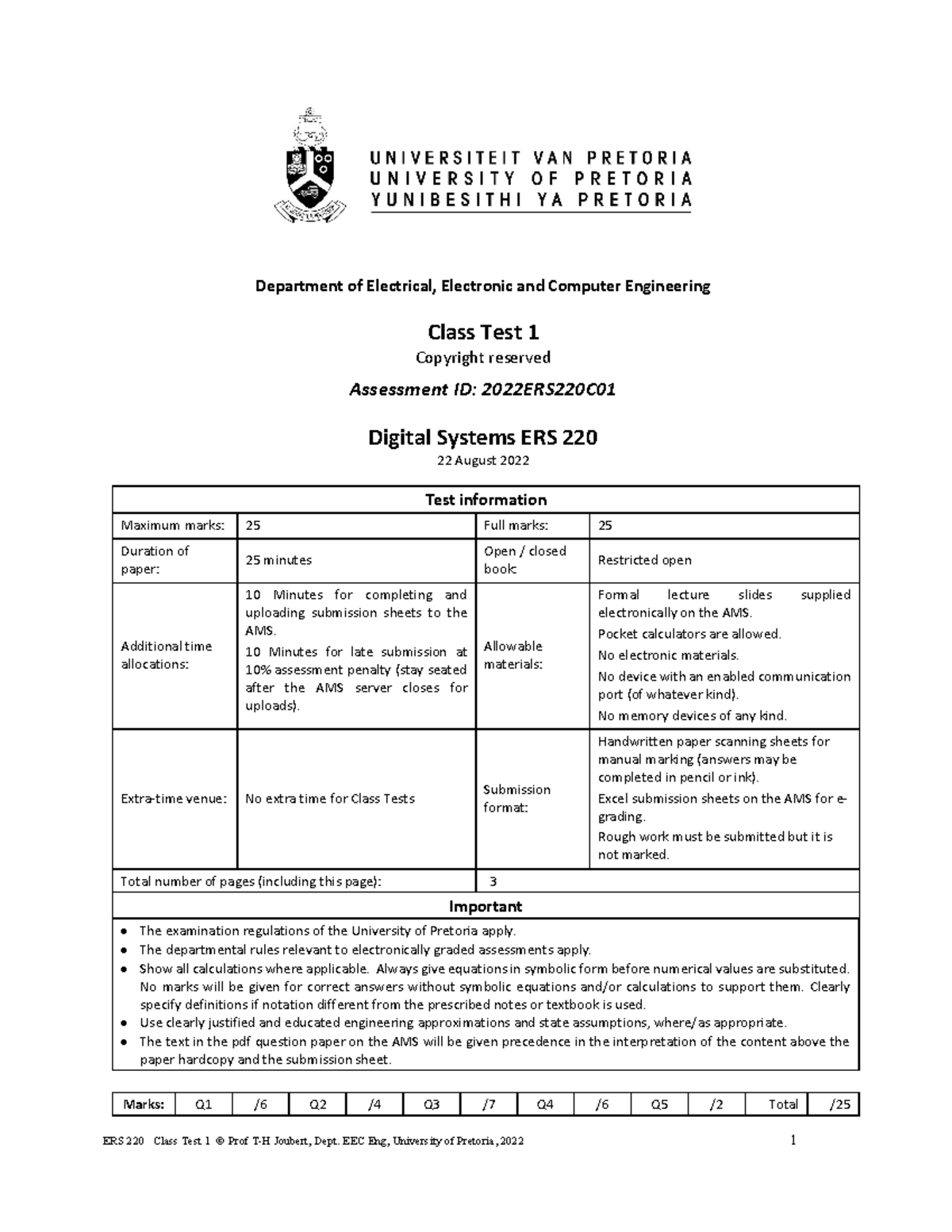 C01 Memo - 2022 Class test 1 partial memo - Department of Electrical ...