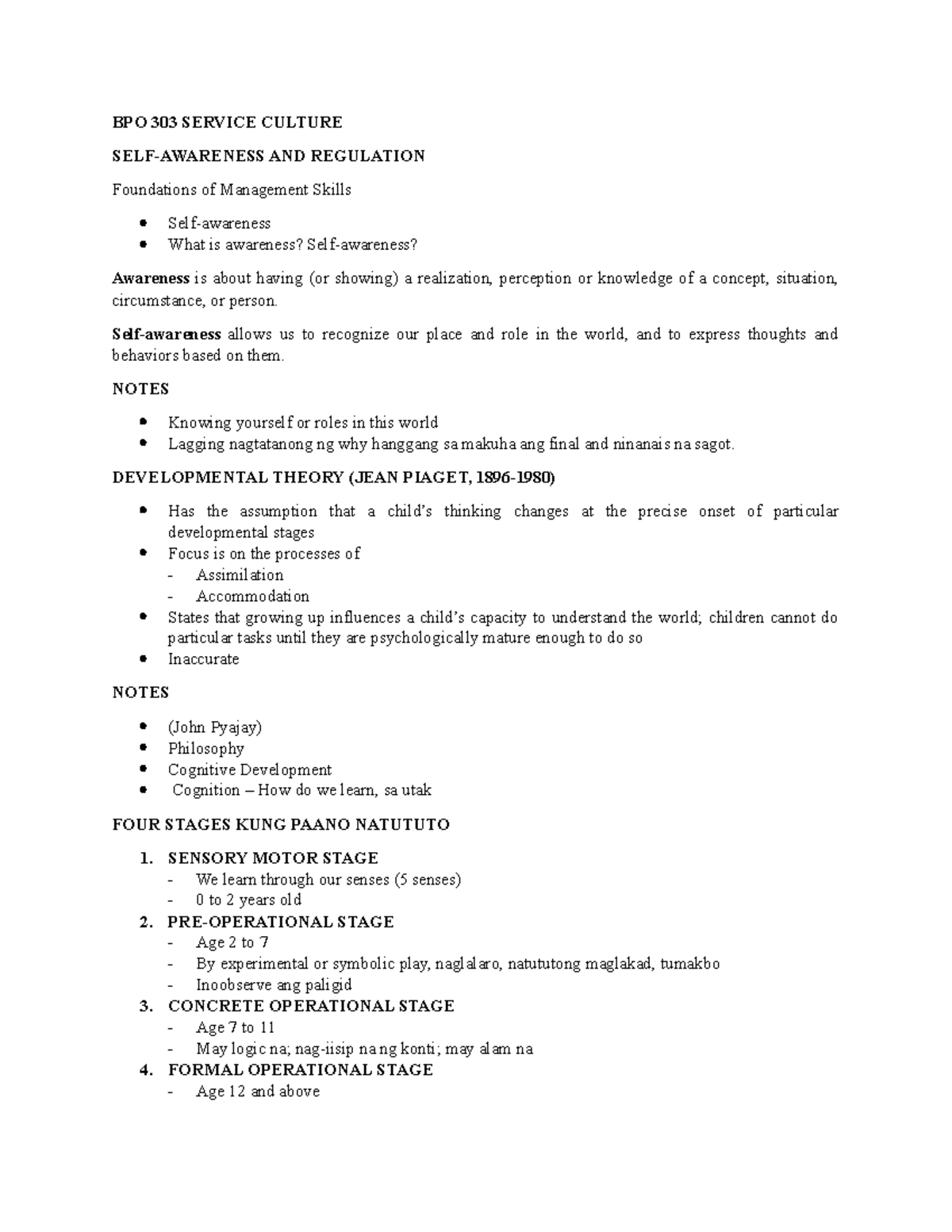 SELF Awareness Service Culture - BPO 303 SERVICE CULTURE SELF-AWARENESS ...