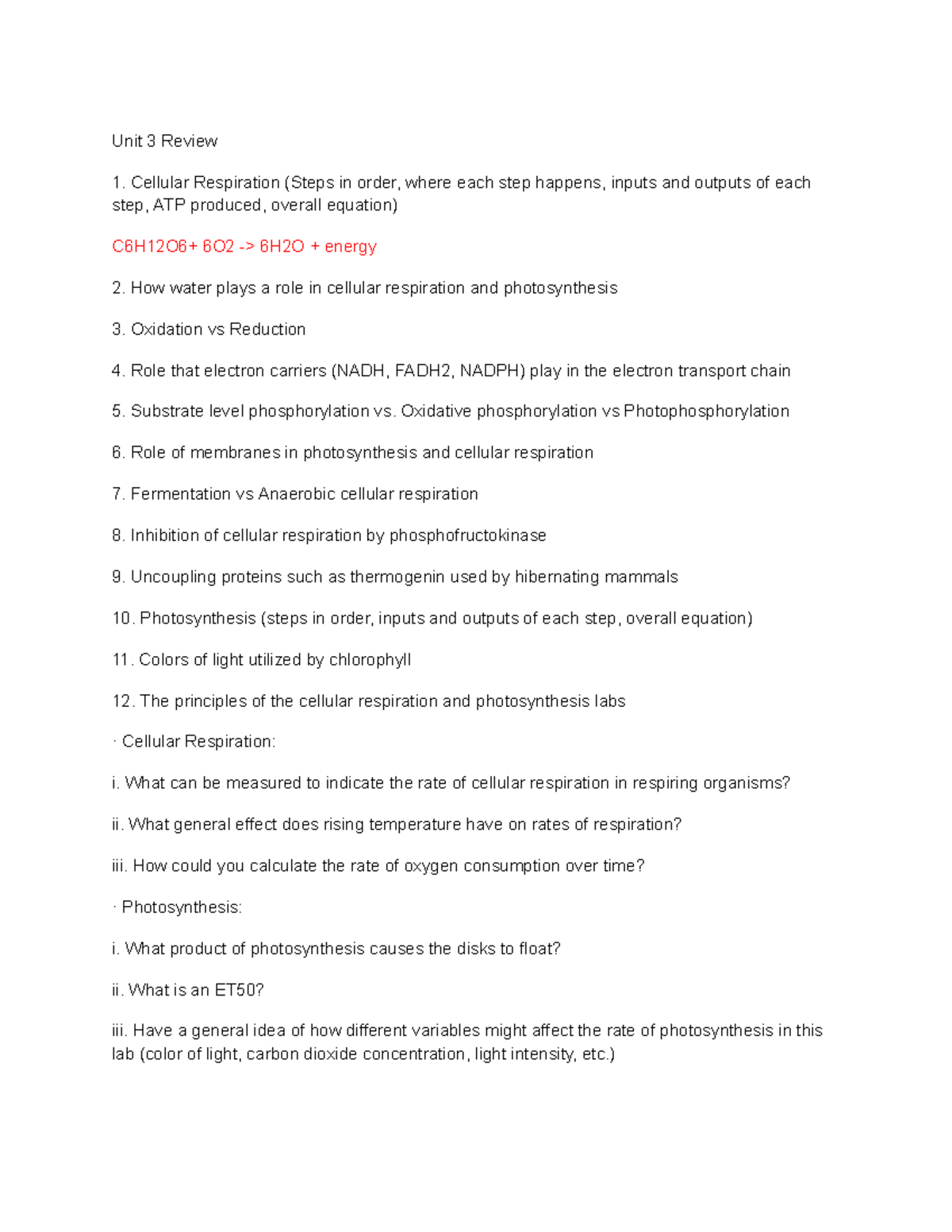 Unit 3 Review - more info - Unit 3 Review Cellular Respiration (Steps ...
