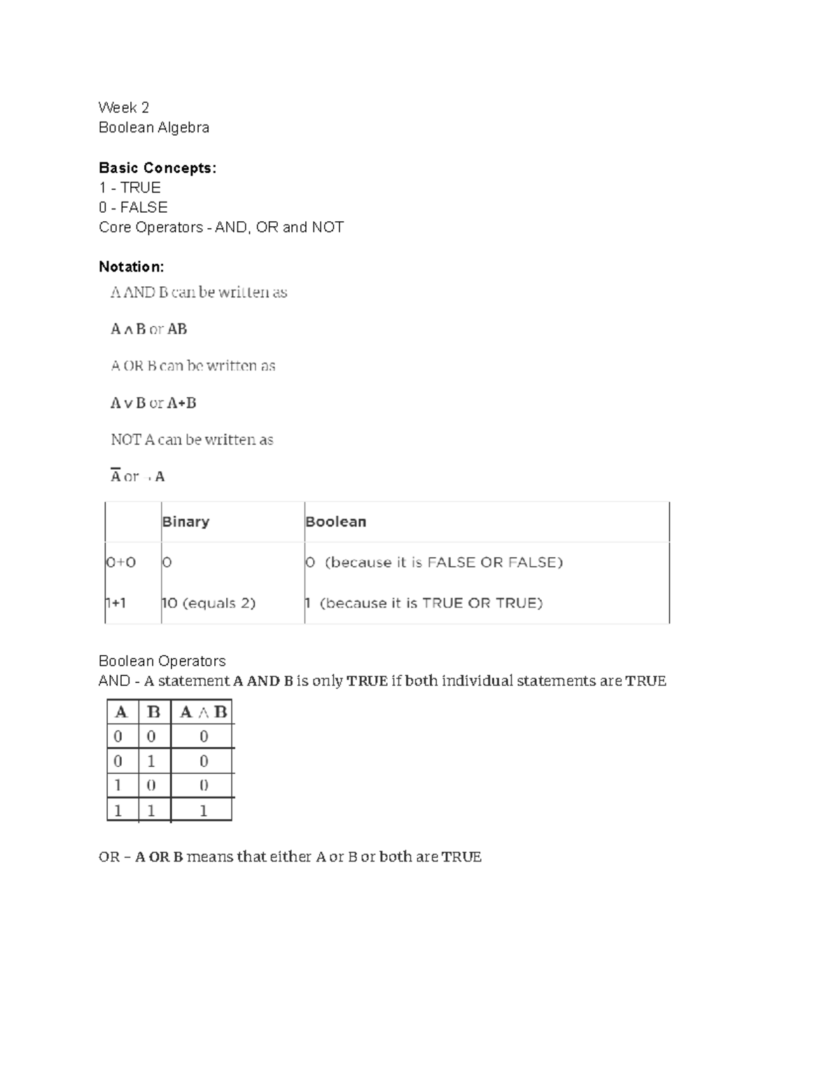 Week 2 FIT1047 Notes - Week 2 Boolean Algebra Basic Concepts: 1 - TRUE ...