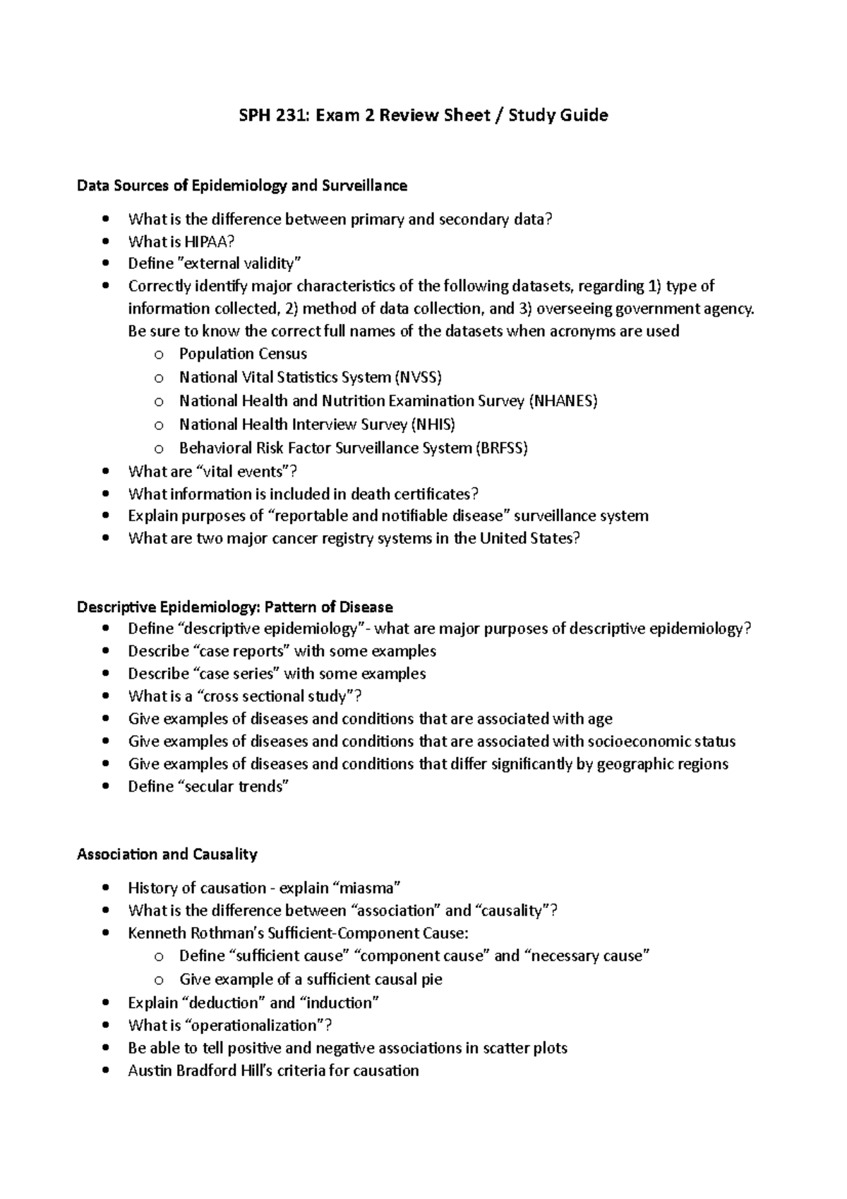 Study Guide for Exam 2 SPH 231 - SPH 231: Exam 2 Review Sheet / Study ...