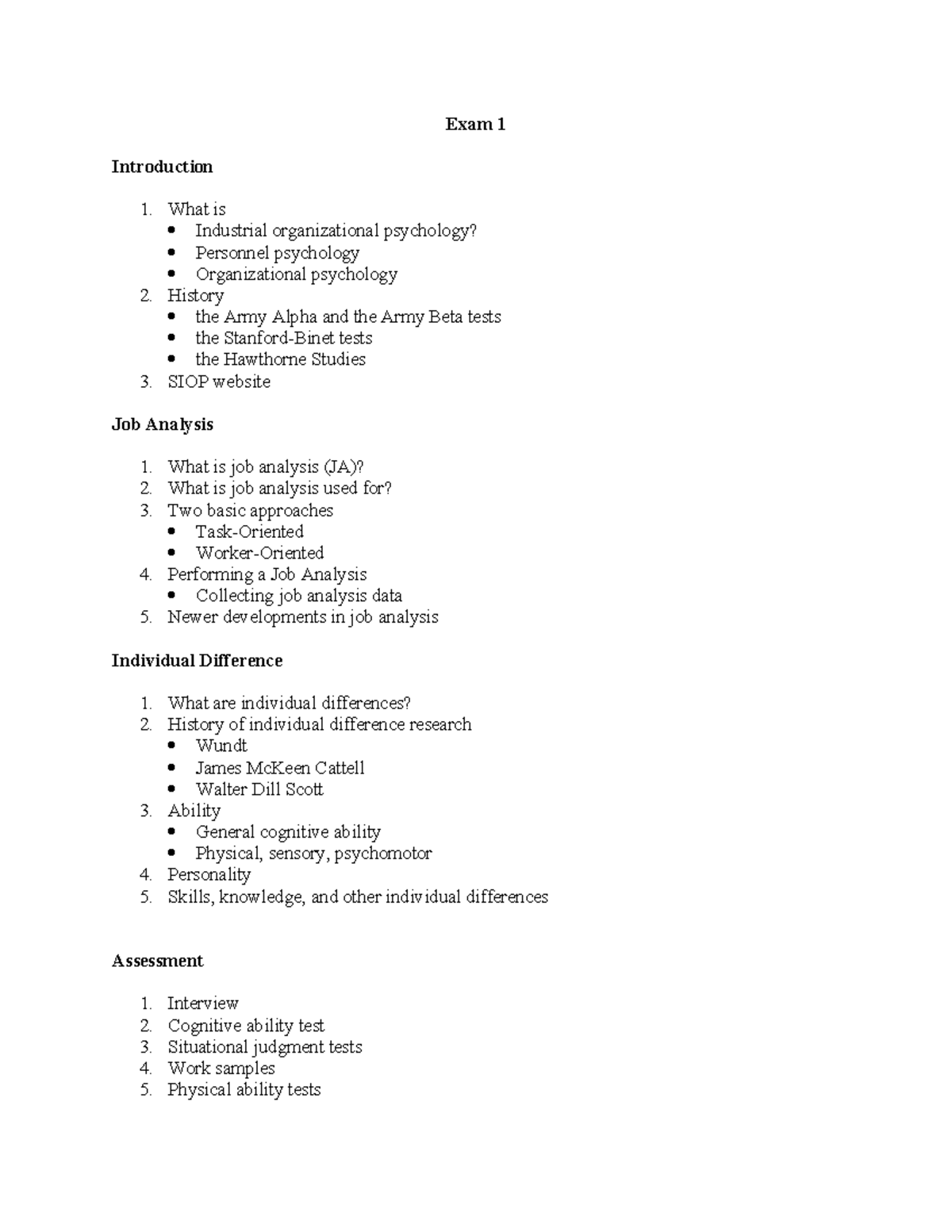 Exam 1 review - Jon analysis, job performance, intro to I/O psychology ...