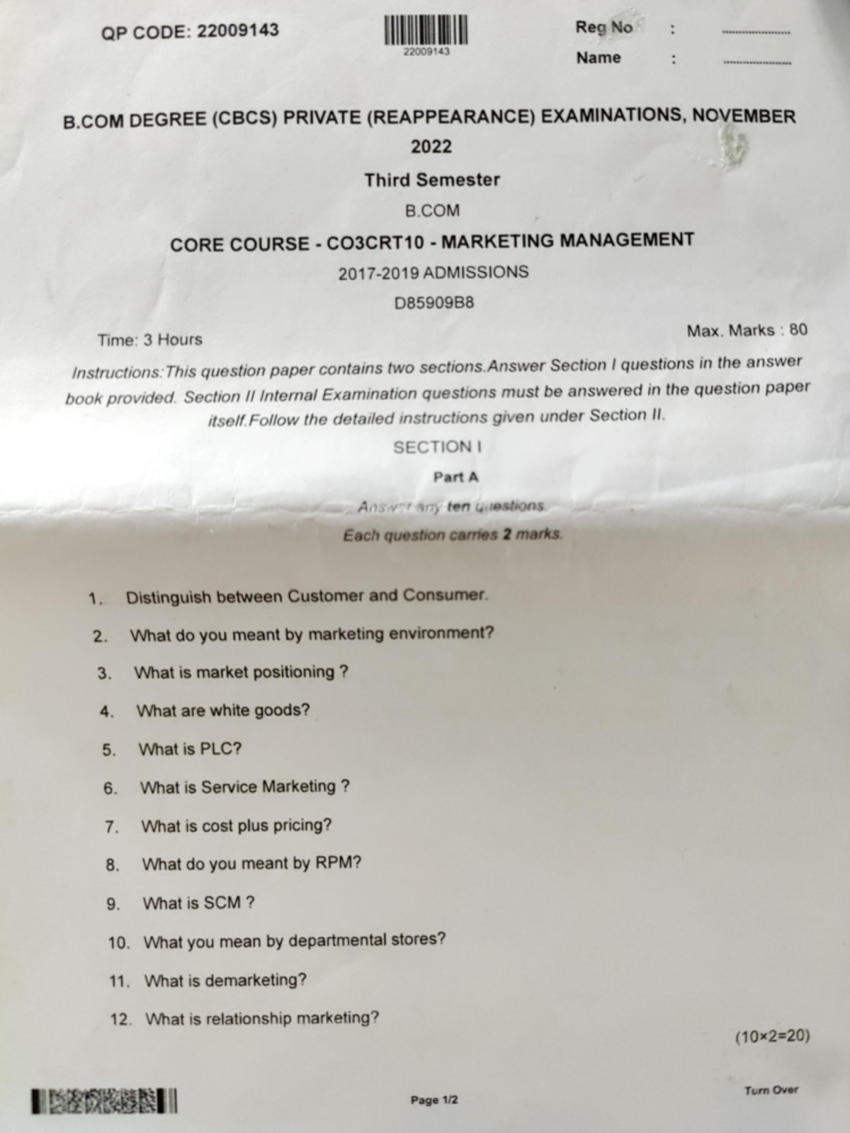 Marketing management Private Question Paper - QP CODE: 22009143 Reg No ...