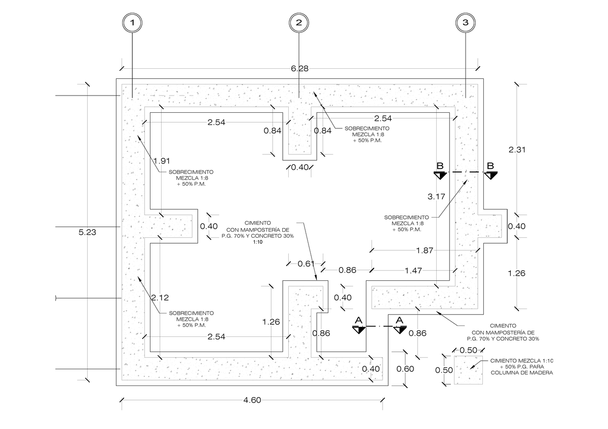 Sobrecimiento - 1 2 3 0. SOBRECIMIENTO 50% P.M 1: CIMIENTO CON ...