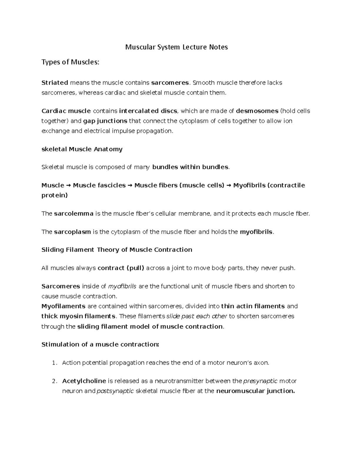 Muscular System Lecture Notes - Smooth muscle therefore lacks ...