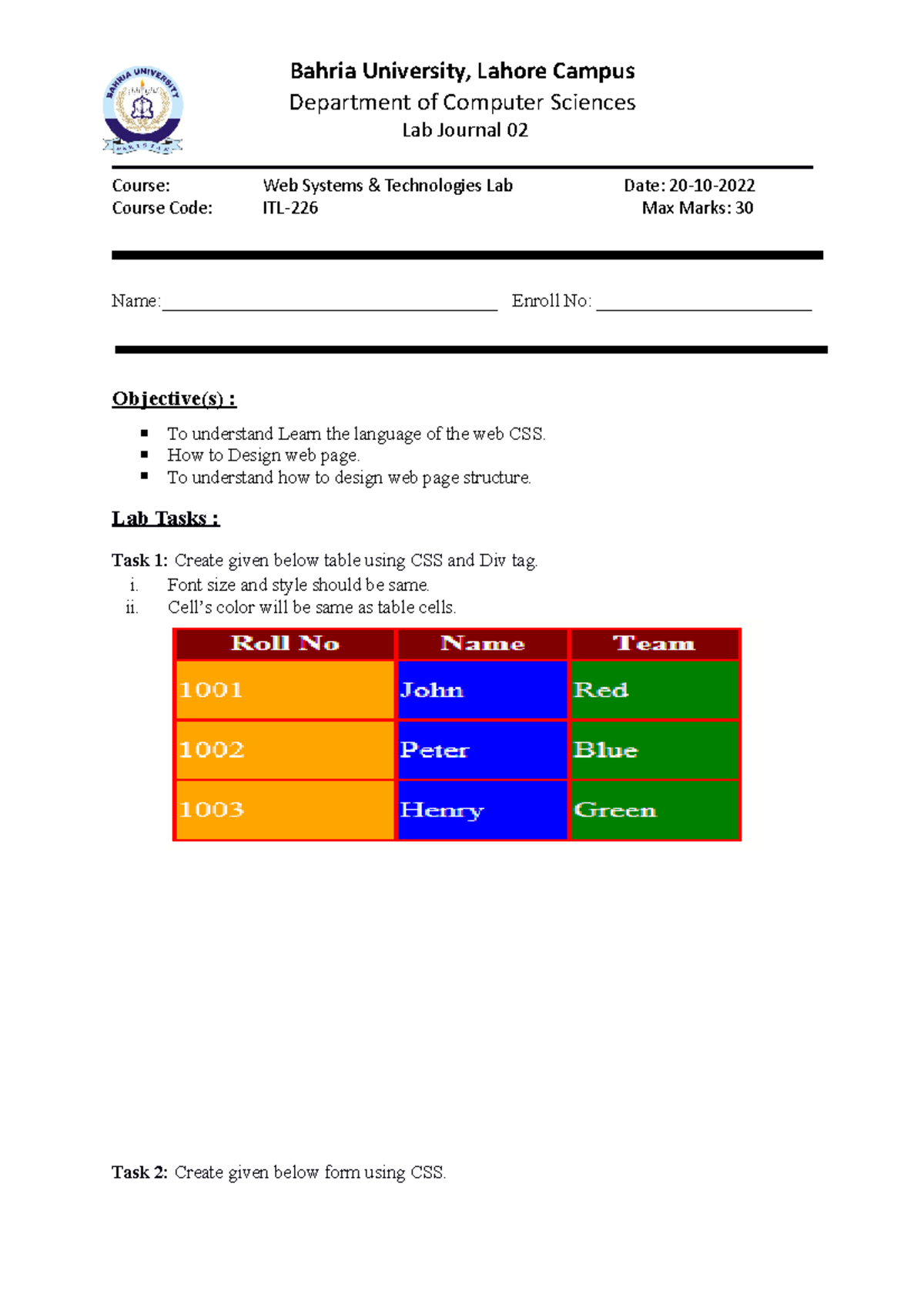 Lab 2 20 10 2022 2010 2022 103939 am - Bahria University, Lahore Campus Department of Computer ...
