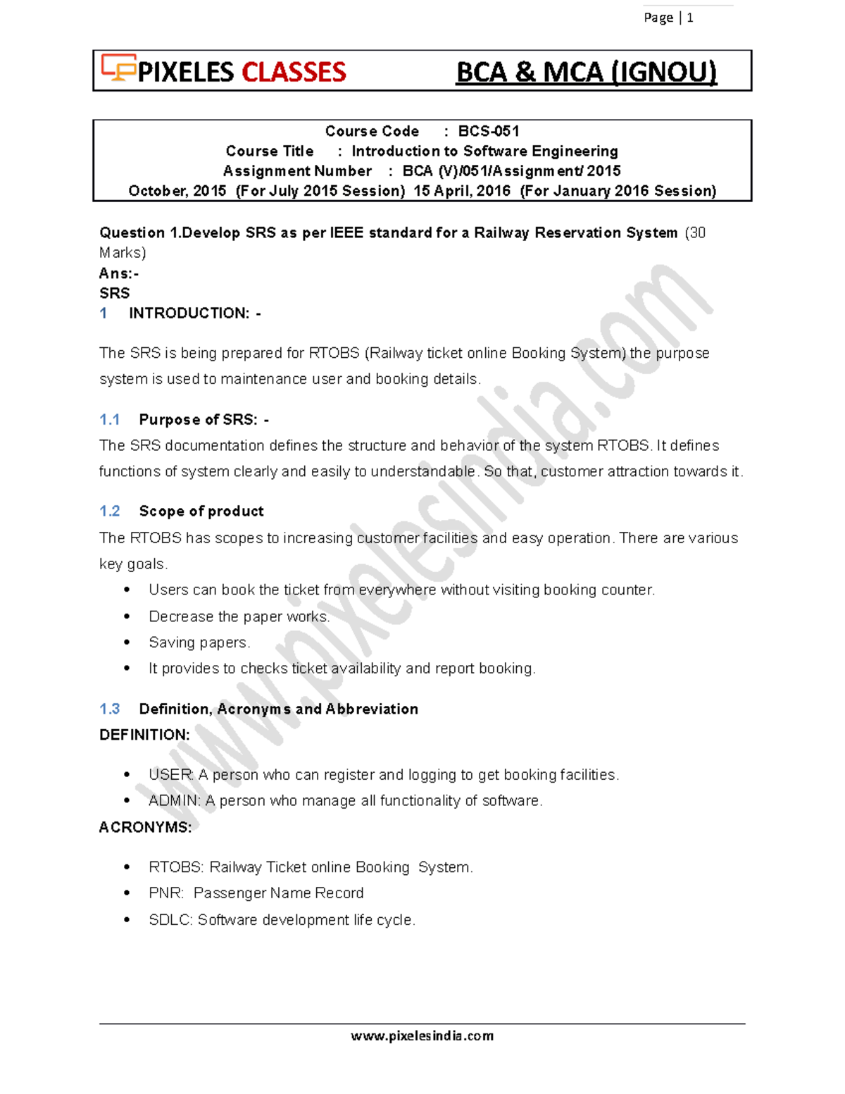 BCS 051 Solved Assignments 2016 - PIXELES CLASSES BCA & MCA (IGNOU) Course Code : BCS- Course ...