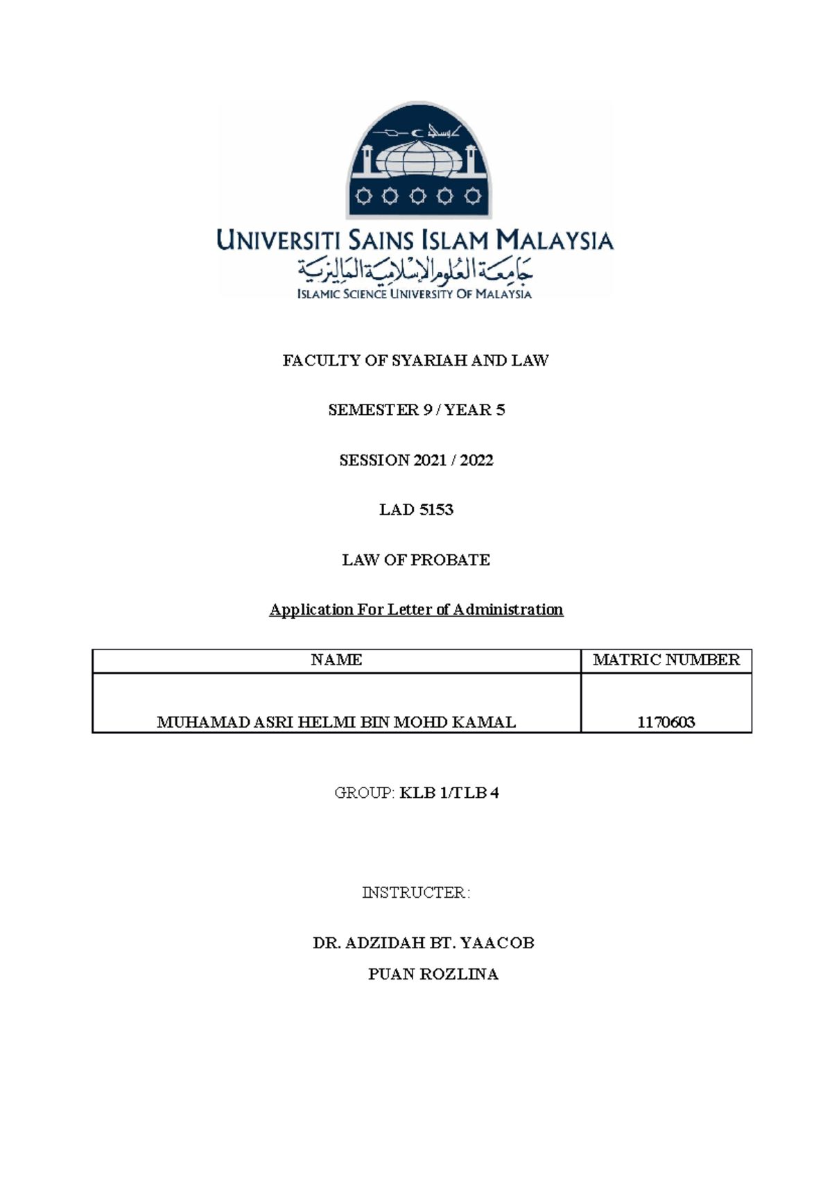 Application Letter of Administration - FACULTY OF SYARIAH AND LAW ...