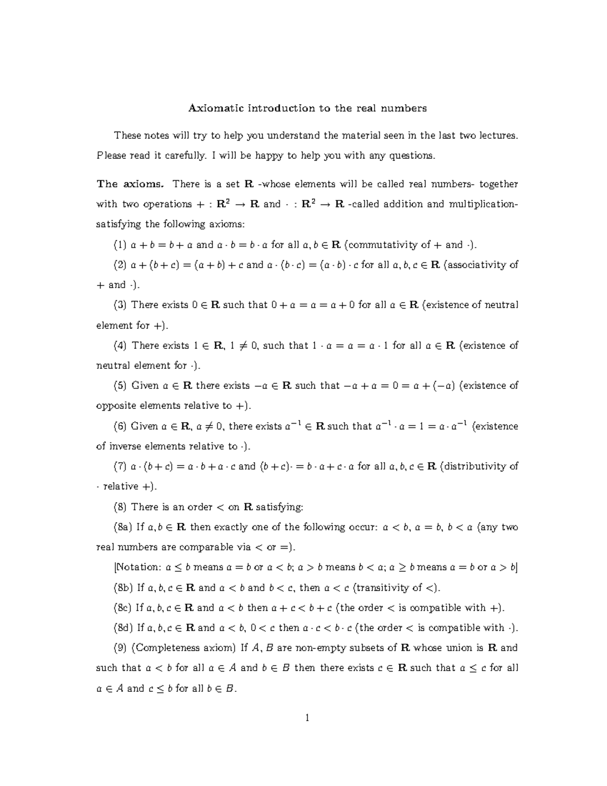 M221axio - Axiomatic introduction to the real numbers - Axiomatic ...