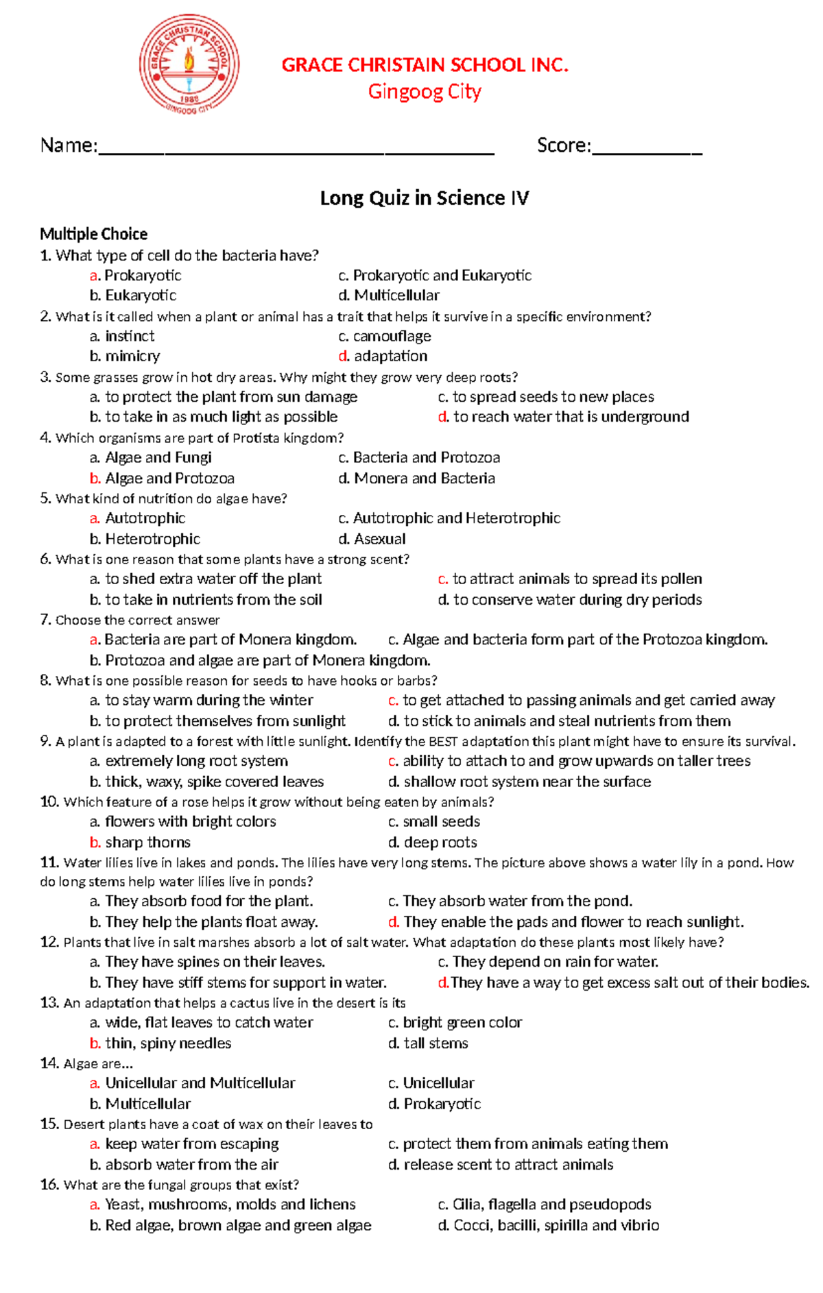 Long quiz in science 5 - quiz - GRACE CHRISTAIN SCHOOL INC. Gingoog ...