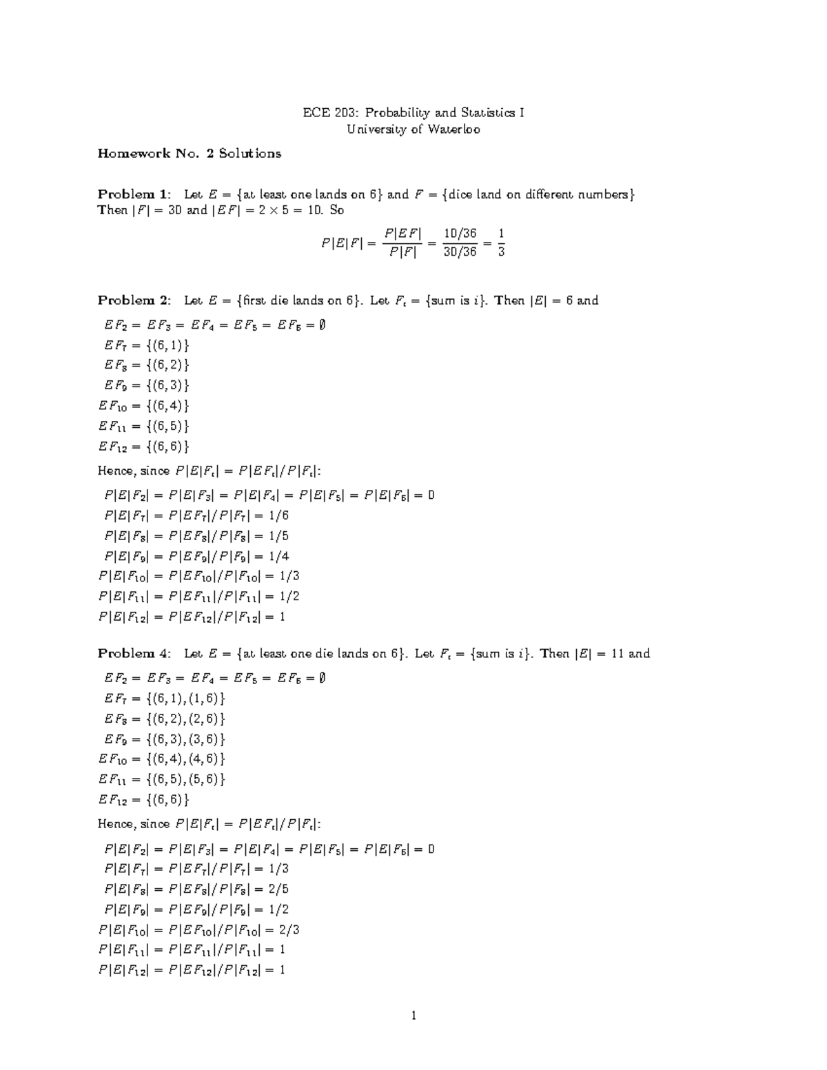 Homework 2 solution - ECE 203: Probability and Statistics I University of Waterloo Homework No ...