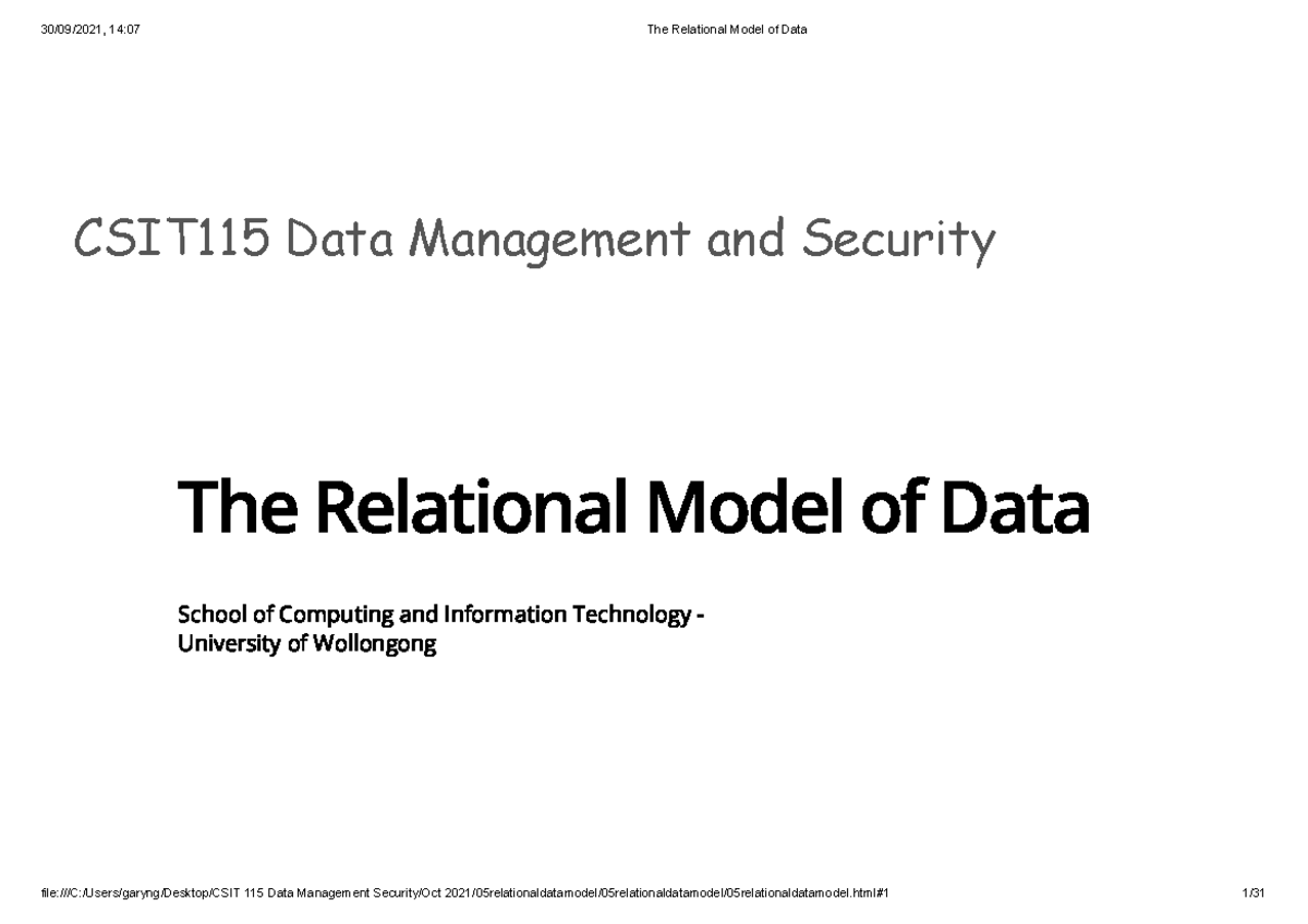 5 The Relational Model of Data - CSIT115 Data Management and Security ...