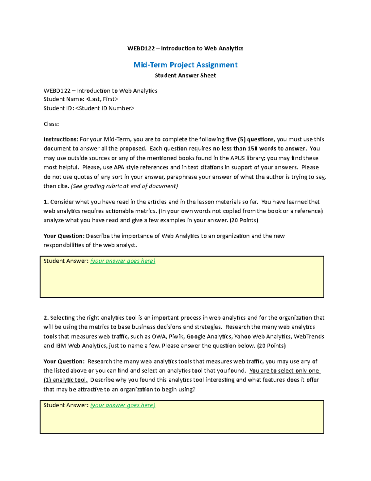 WEBD122 Student Answer Sheet Mid Term Projectrevj - WEBD122 – Introduction to Web Analytics Mid ...