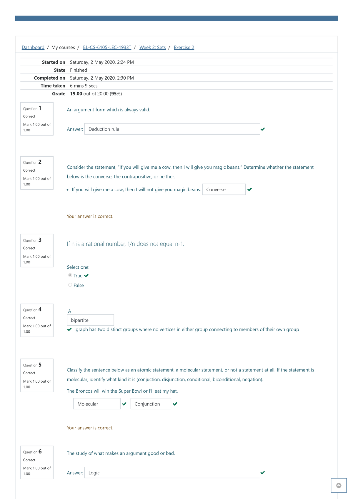 Exercise 2 Attempt review - Dashboard / My courses / BL-CS-6105-LEC ...