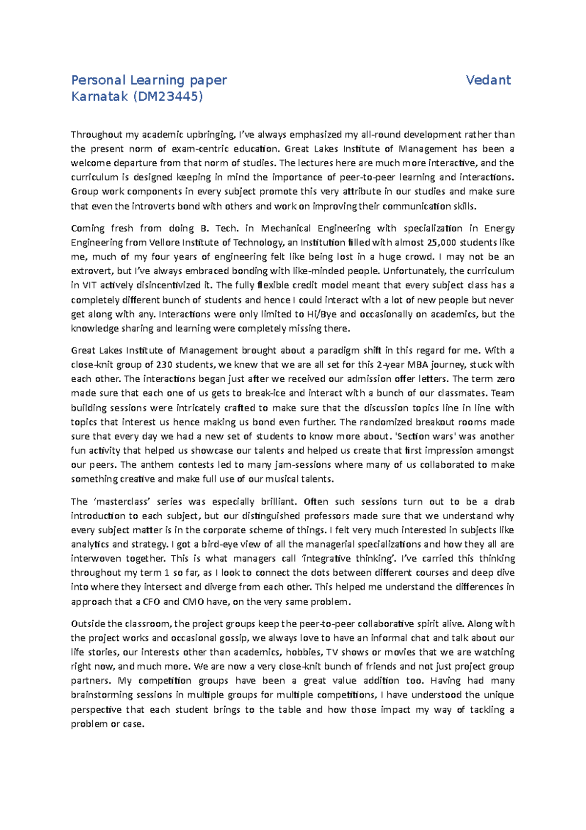 DM23445 Vedant karnatak OB Organizational Behavior - Personal Learning ...