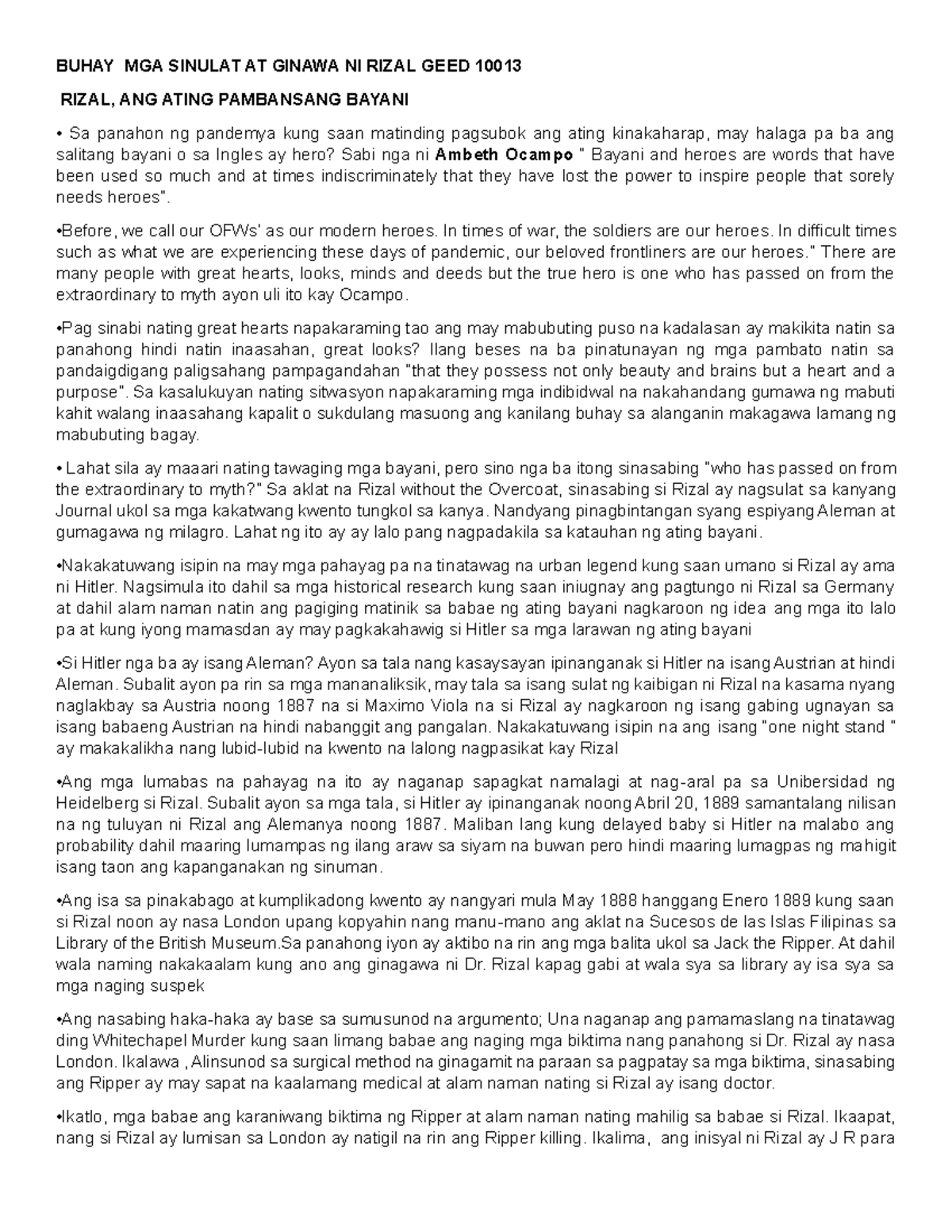 Rizal Chapter 1 - BUHAY MGA SINULAT AT GINAWA NI RIZAL GEED 10013 RIZAL ...
