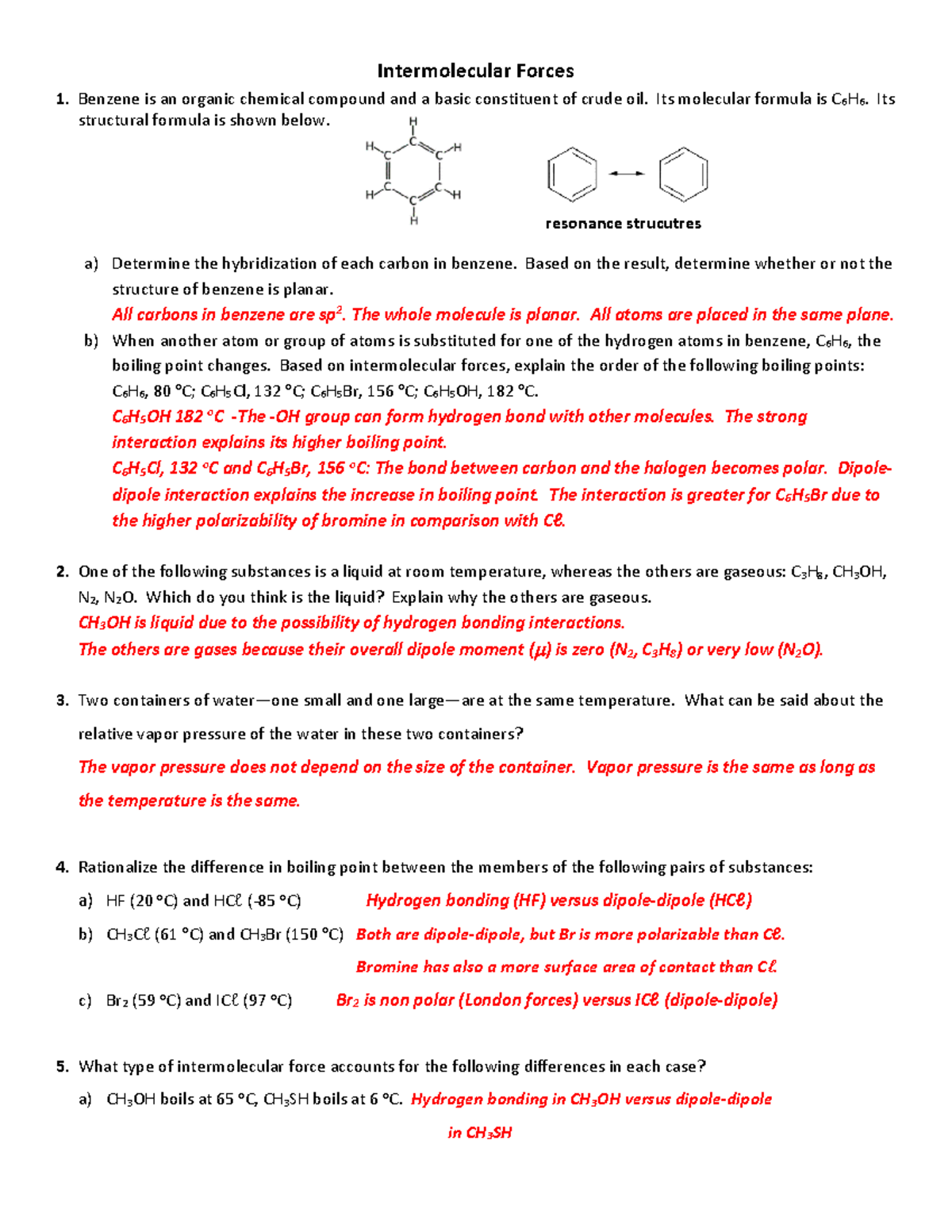 Intermolecular Forces handout - KEY A22 - Intermolecular Forces Benzene ...