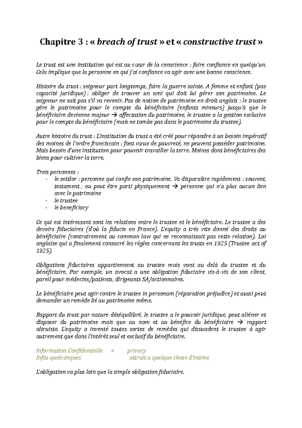 Chapitre 3 - Notes de cours 3 - Chapitre 3 : « breach of trust » et ...