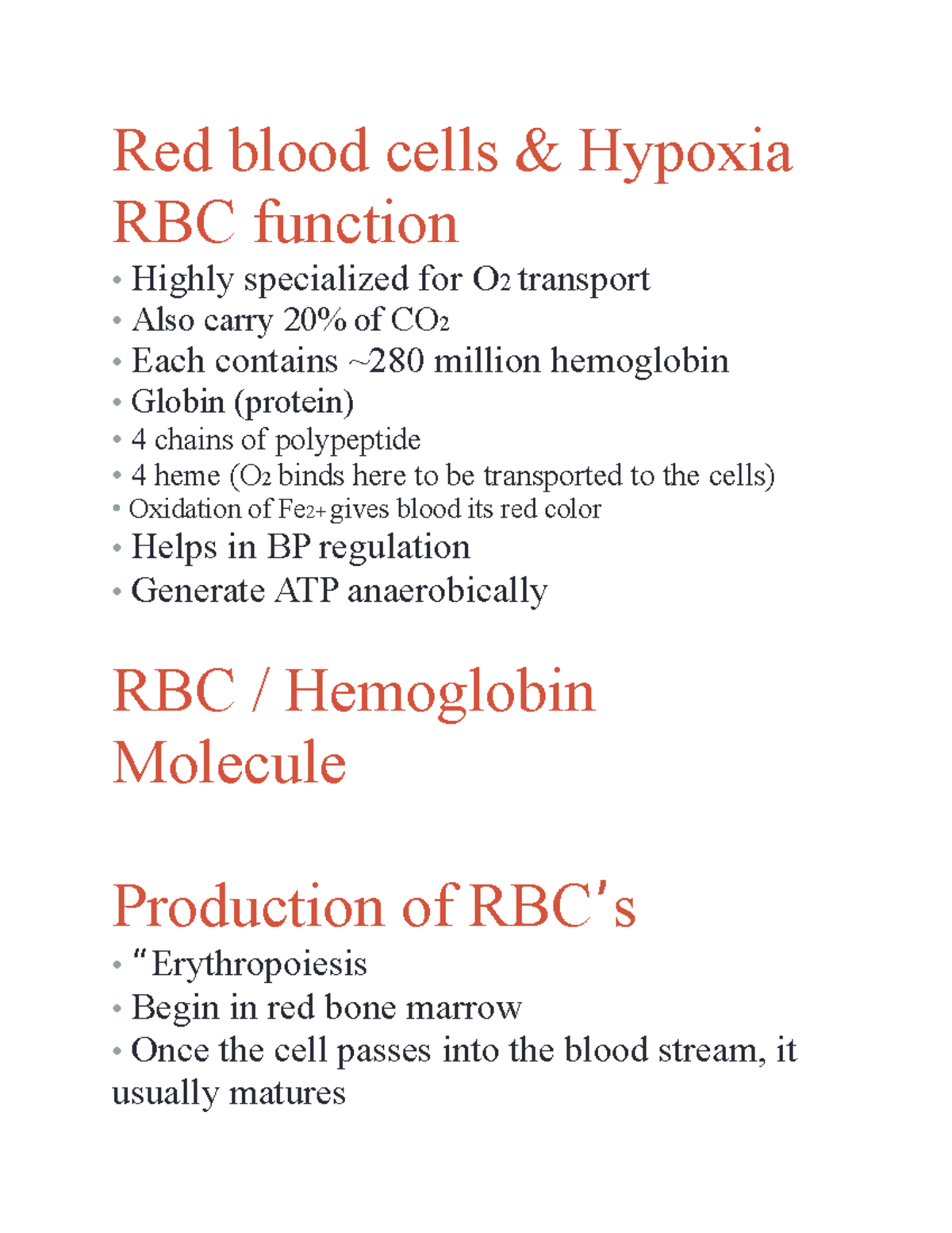 RBC and Hypoxia - 10 - Red blood cells & Hypoxia RBC function • Highly ...