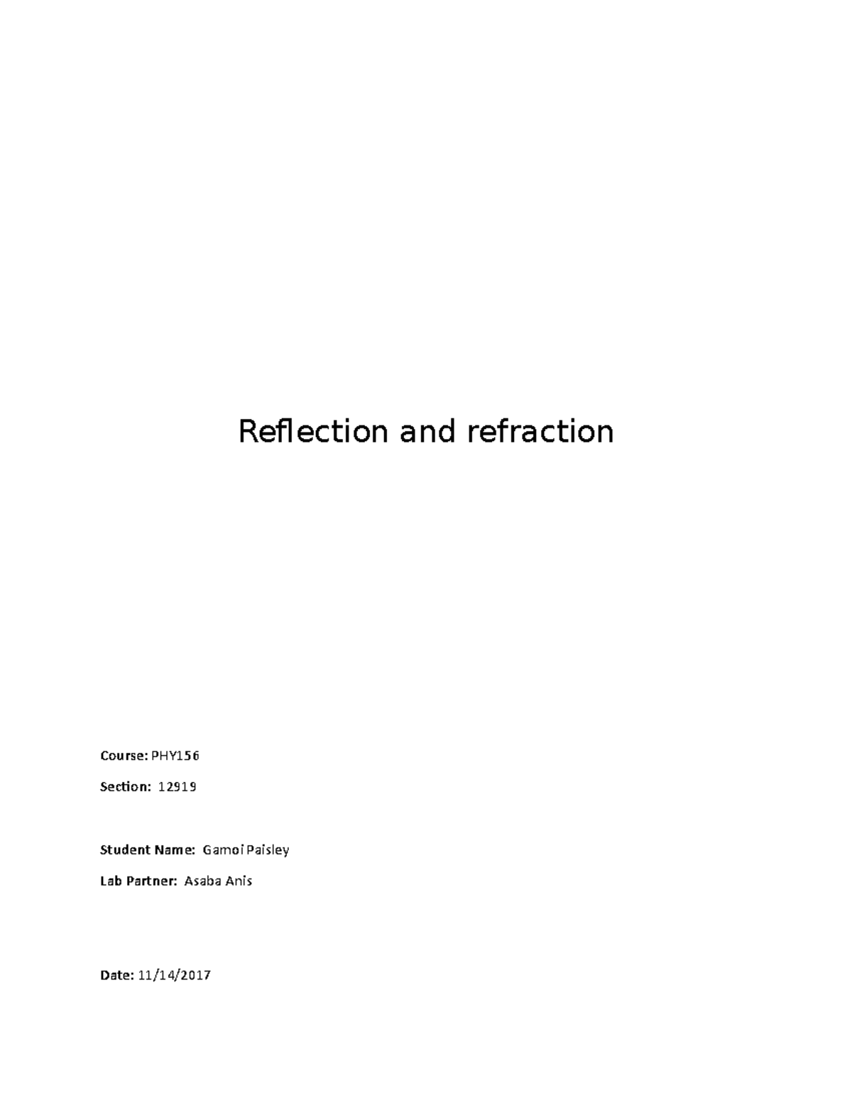 Lab 10 Reflection And Refraction Reflection And Refraction Course
