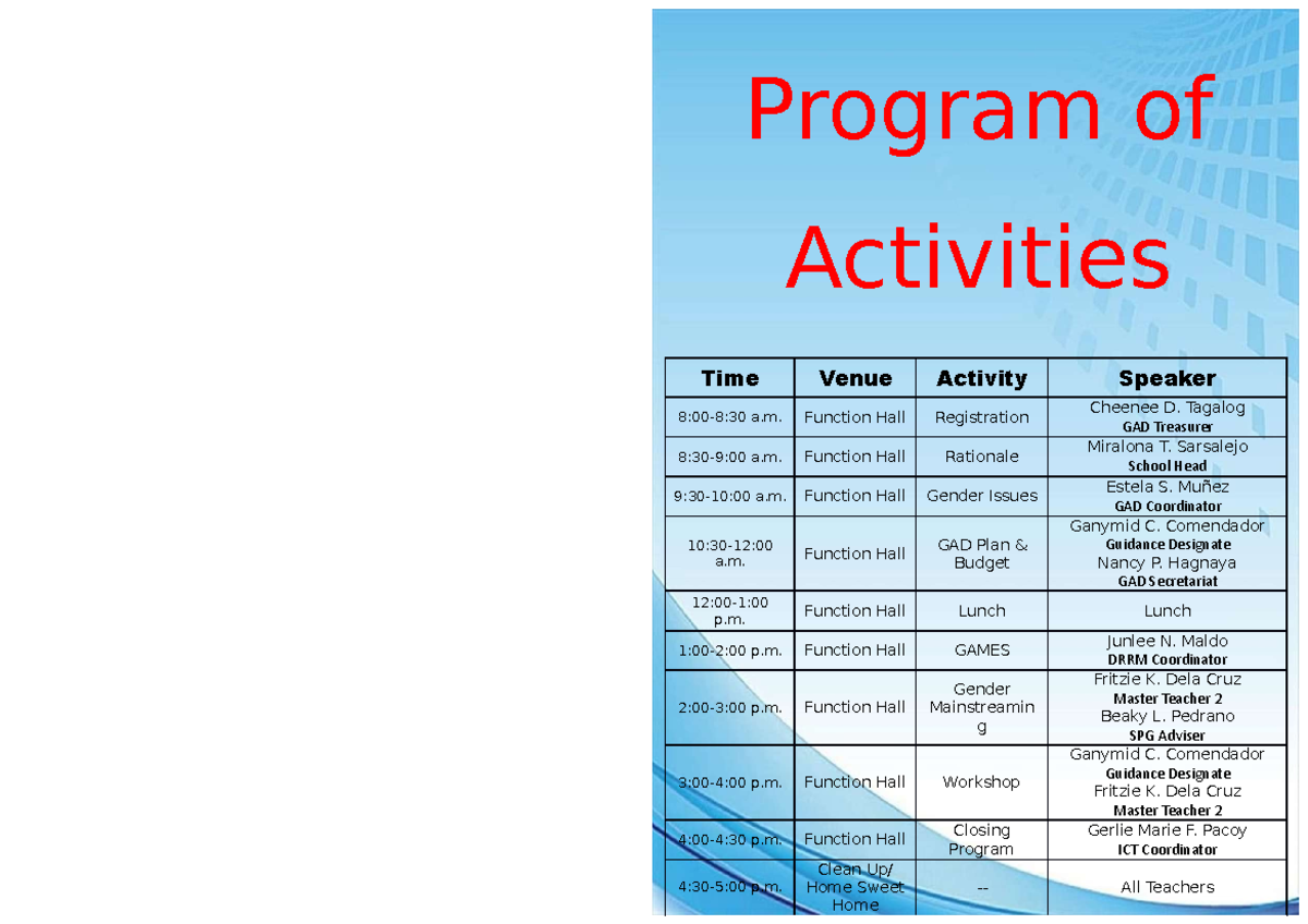 GAD Program - NONE - Program of Activities Time Venue Activity Speaker ...