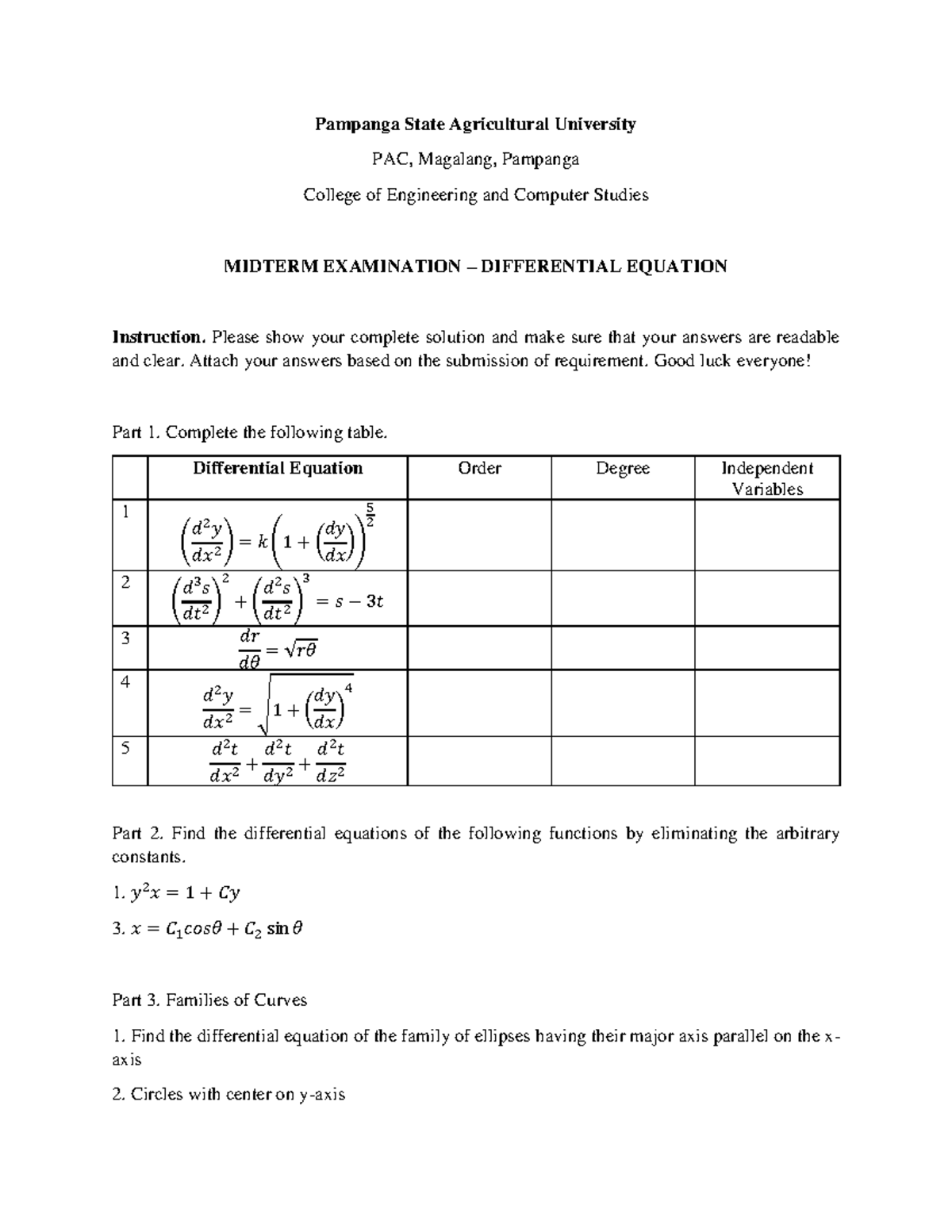 Midterm Exam - Differential Equation - Pampanga State Agricultural University PAC, Magalang ...