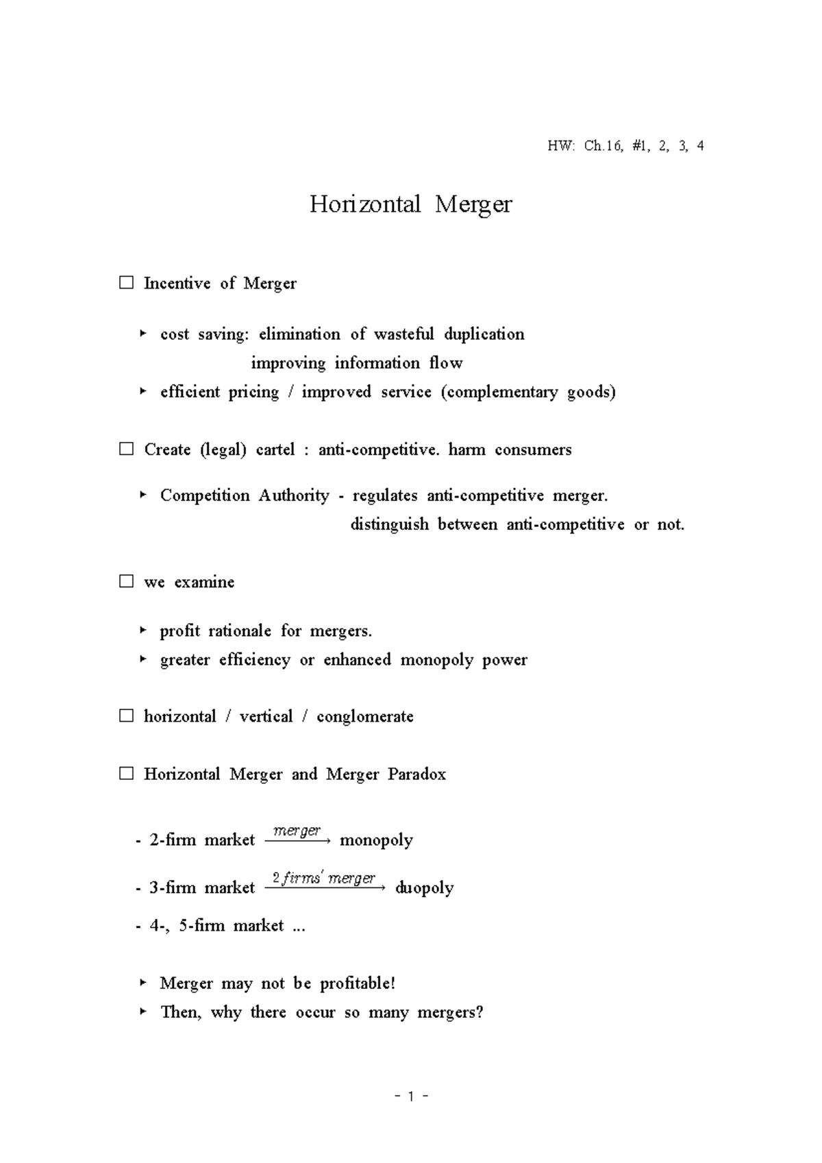 W10 ch16 Horizontal Merger - ####### HW: Ch, #1, 2, 3, 4 Horizontal ...