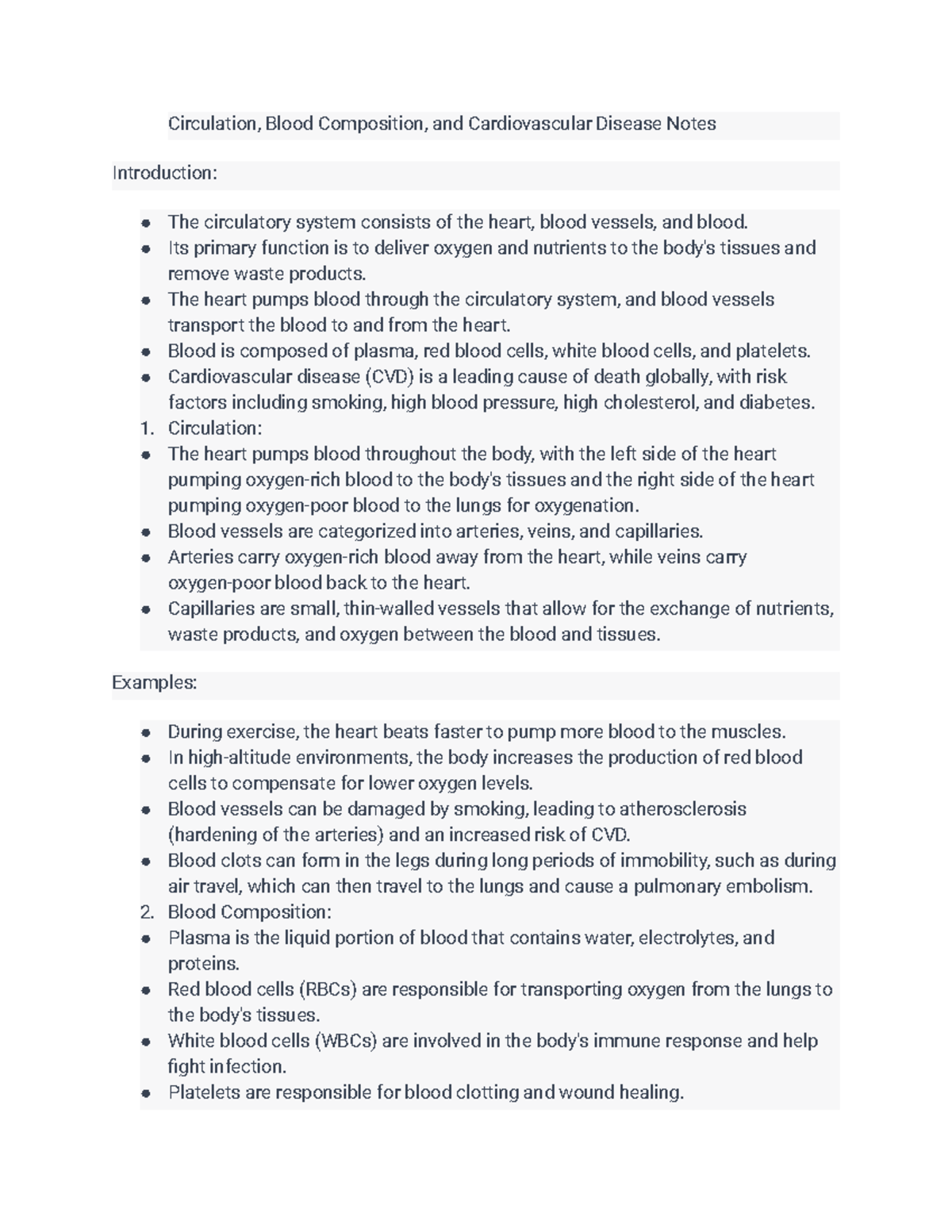 Circulation, Blood Composition, and Cardiovascular Disease Notes ...