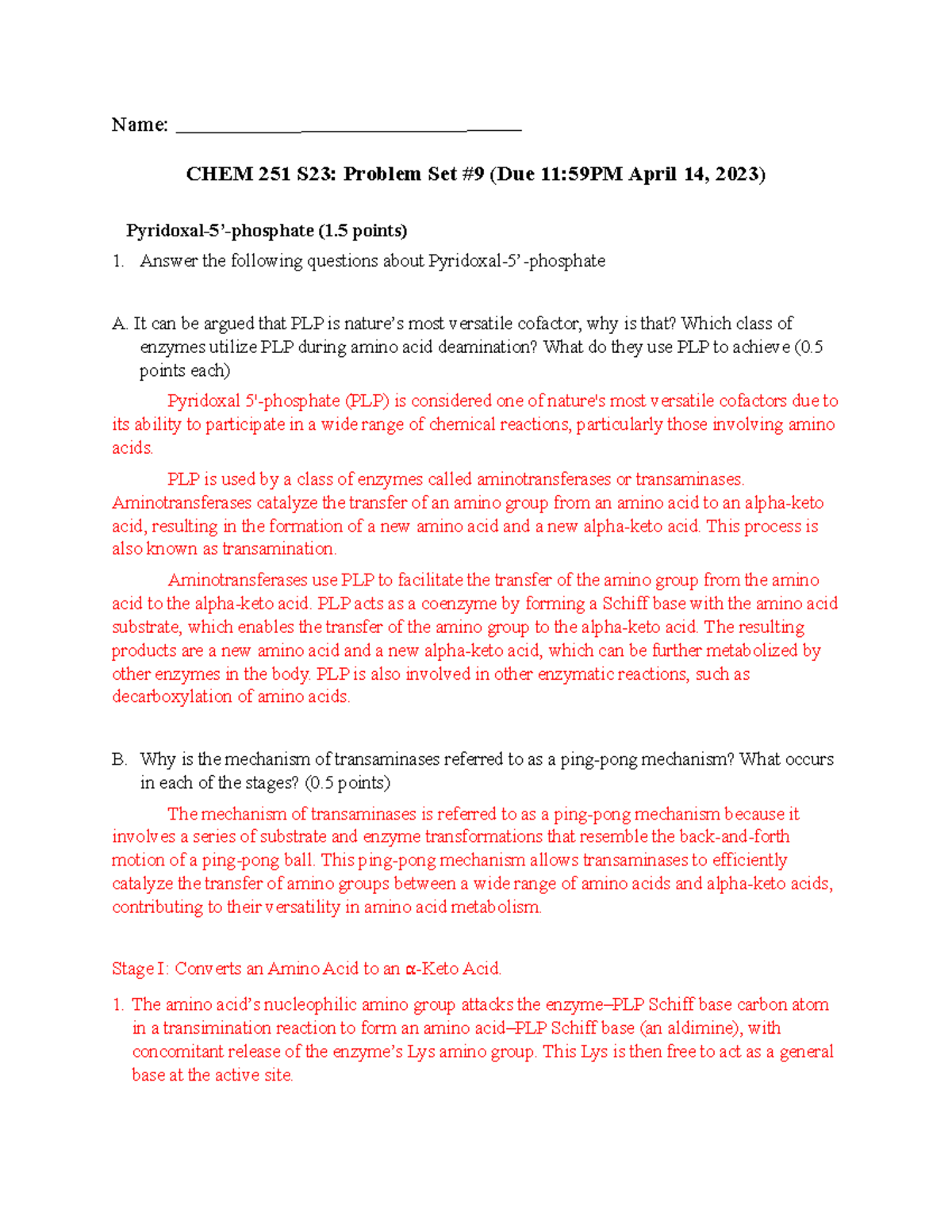 Chem251 S23 Problem Set 9 - Name: CHEM 251 S23: Problem Set #9 (Due 11 ...