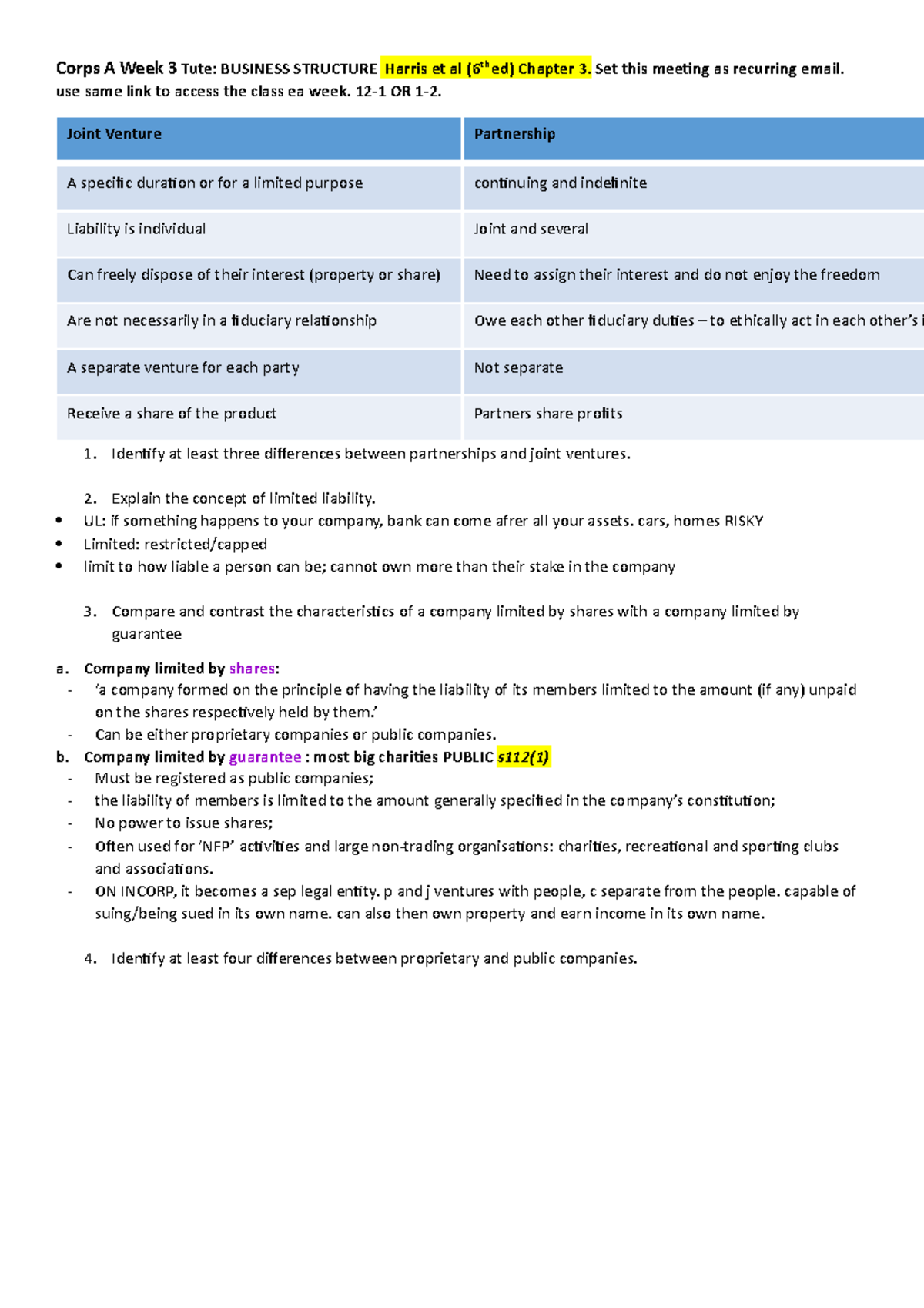 Week 3 - Tutorial notes - Corps A Week 3 Tute: BUSINESS STRUCTURE ...