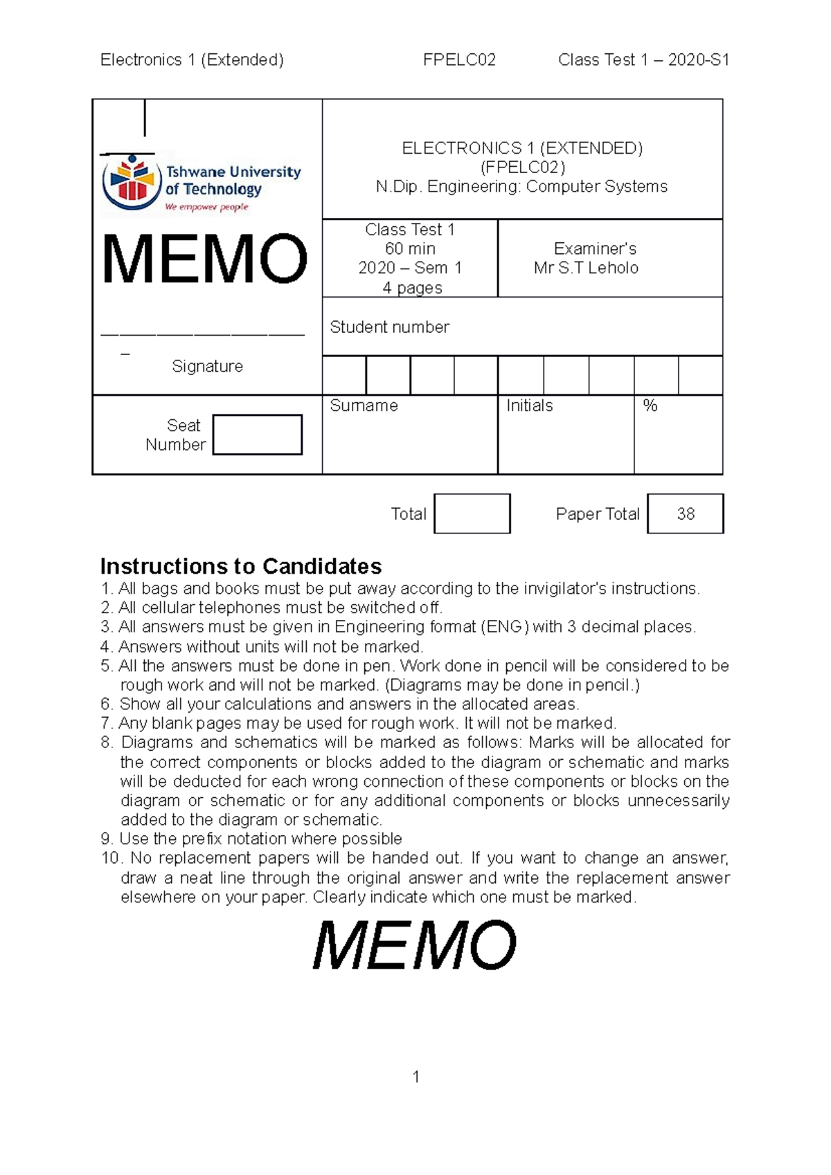 Fpelc 02 Class Test 1 2020 Memo - ELECTRONICS 1 (EXTENDED) (FPELC02) N ...