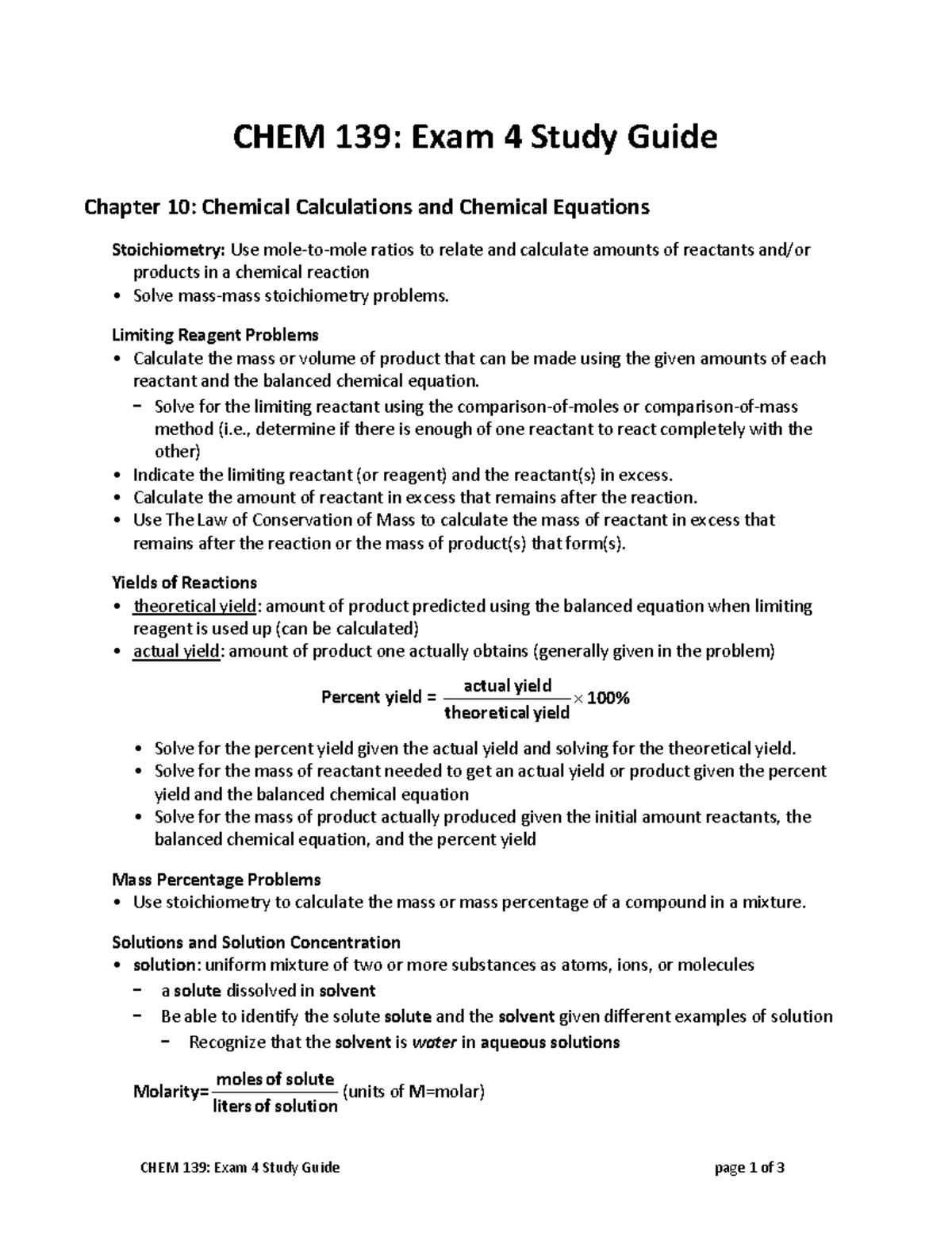 midterm Exam review - CHEM 139: Exam 4 Study Guide page 1 of 3 CHEM 139 ...