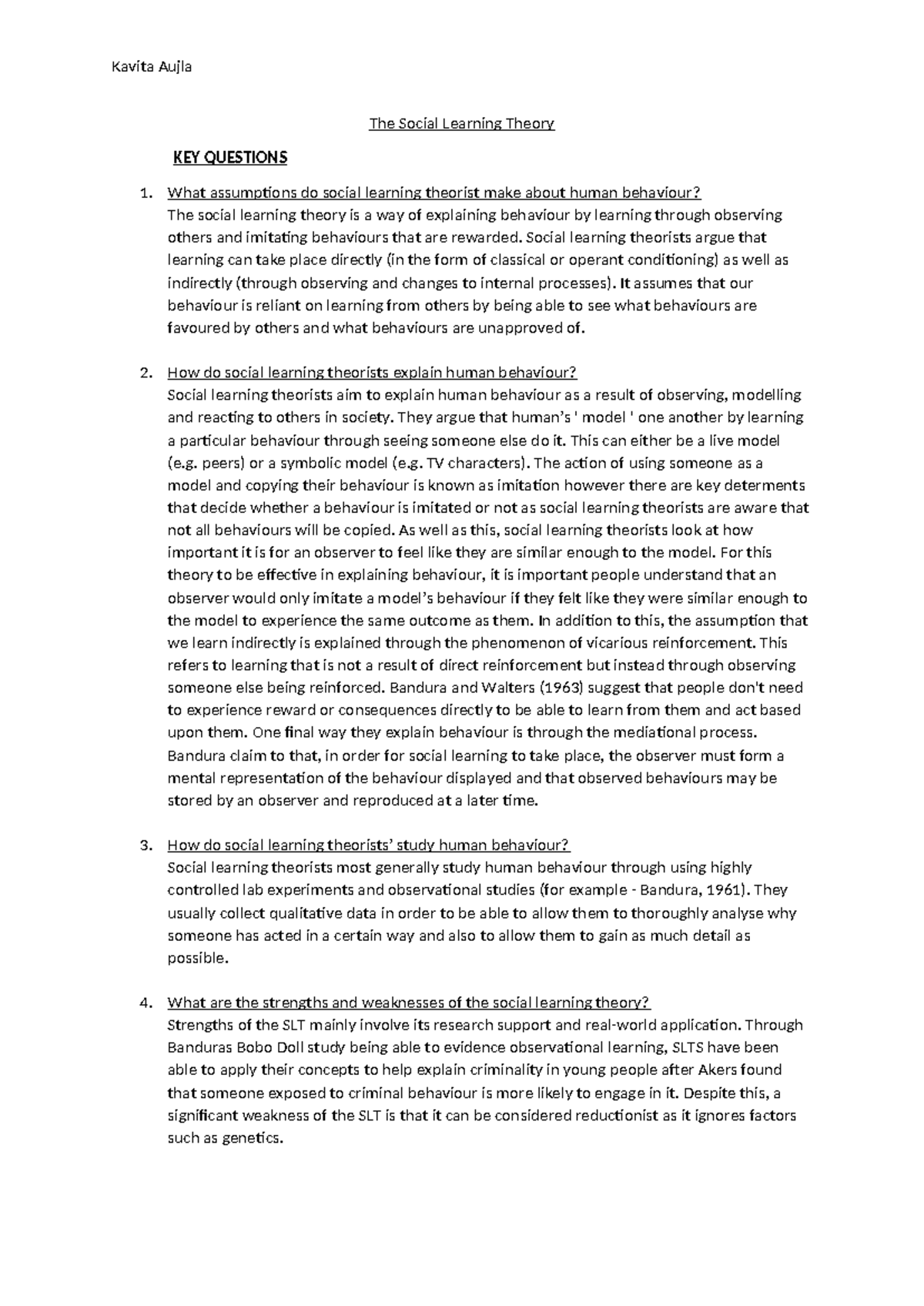 The Social Learning Theory tasks - The Social Learning Theory KEY ...