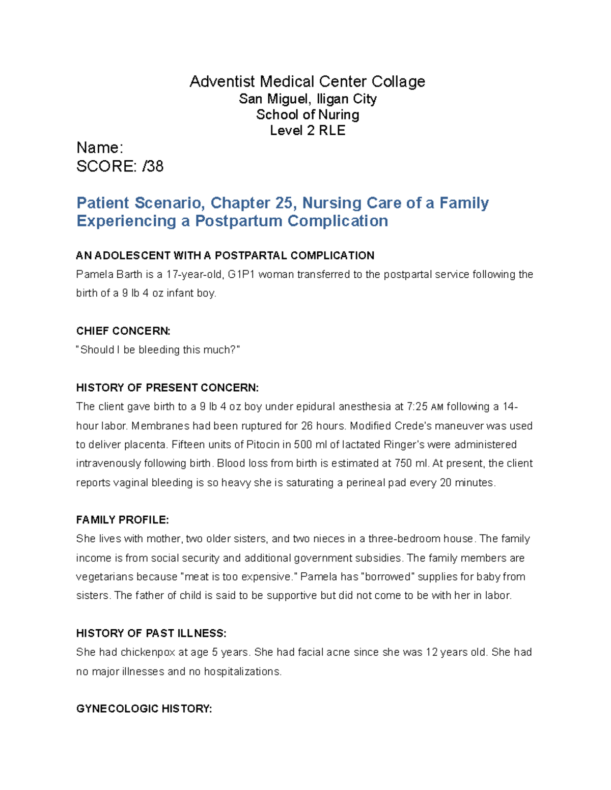 Week 14 DR Case Scenario Answer Sheet 1 - Adventist Medical Center ...