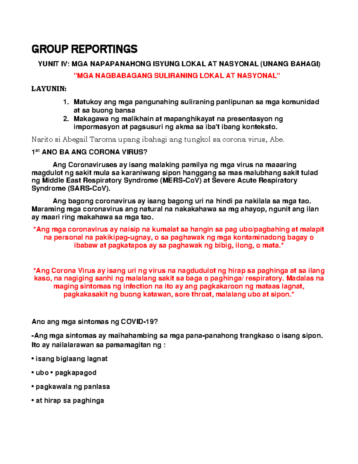 Filipino Script Report - GROUP REPORTINGS YUNIT IV: MGA NAPAPANAHONG ...