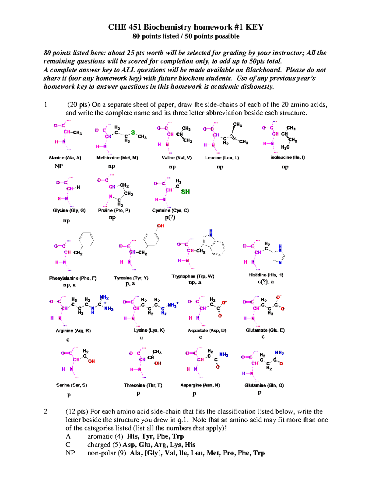 Hw w1 key - Ken Usher - CHE 451 Biochemistry homework #1 KEY 80 points listed / 50 points ...