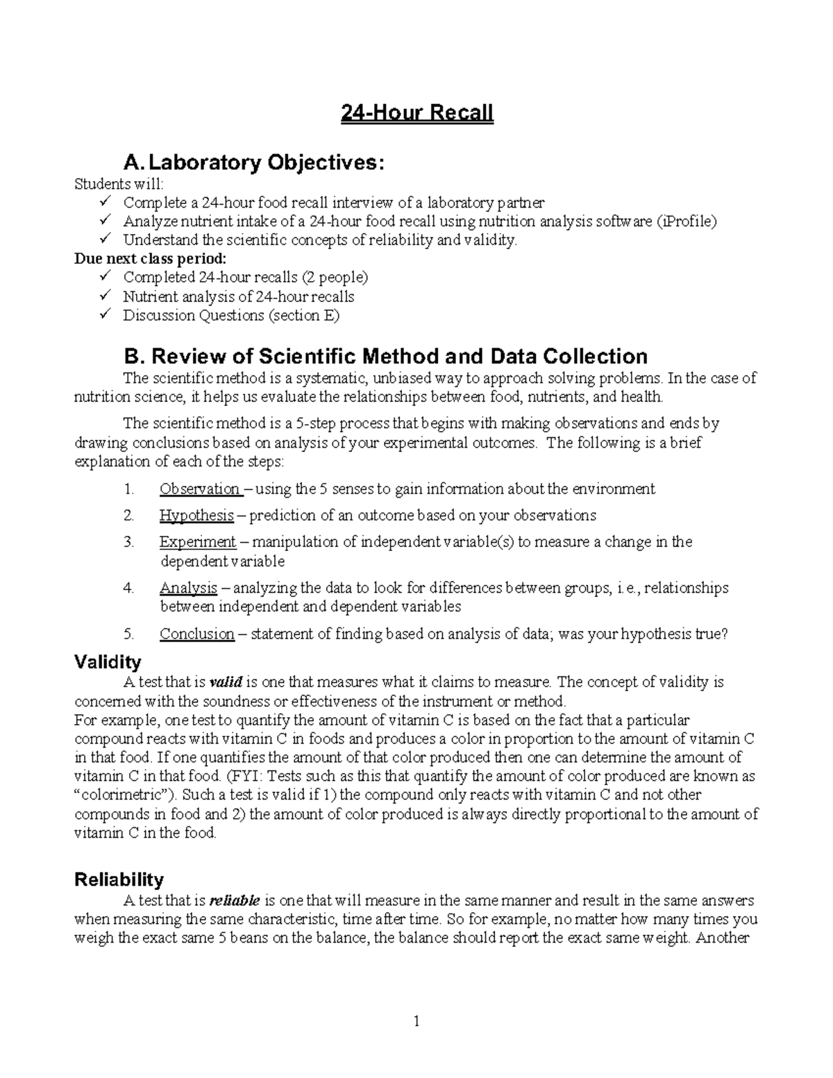 I Profile 24 Hour Recall Lab - 24-Hour Recall A. Laboratory Objectives ...