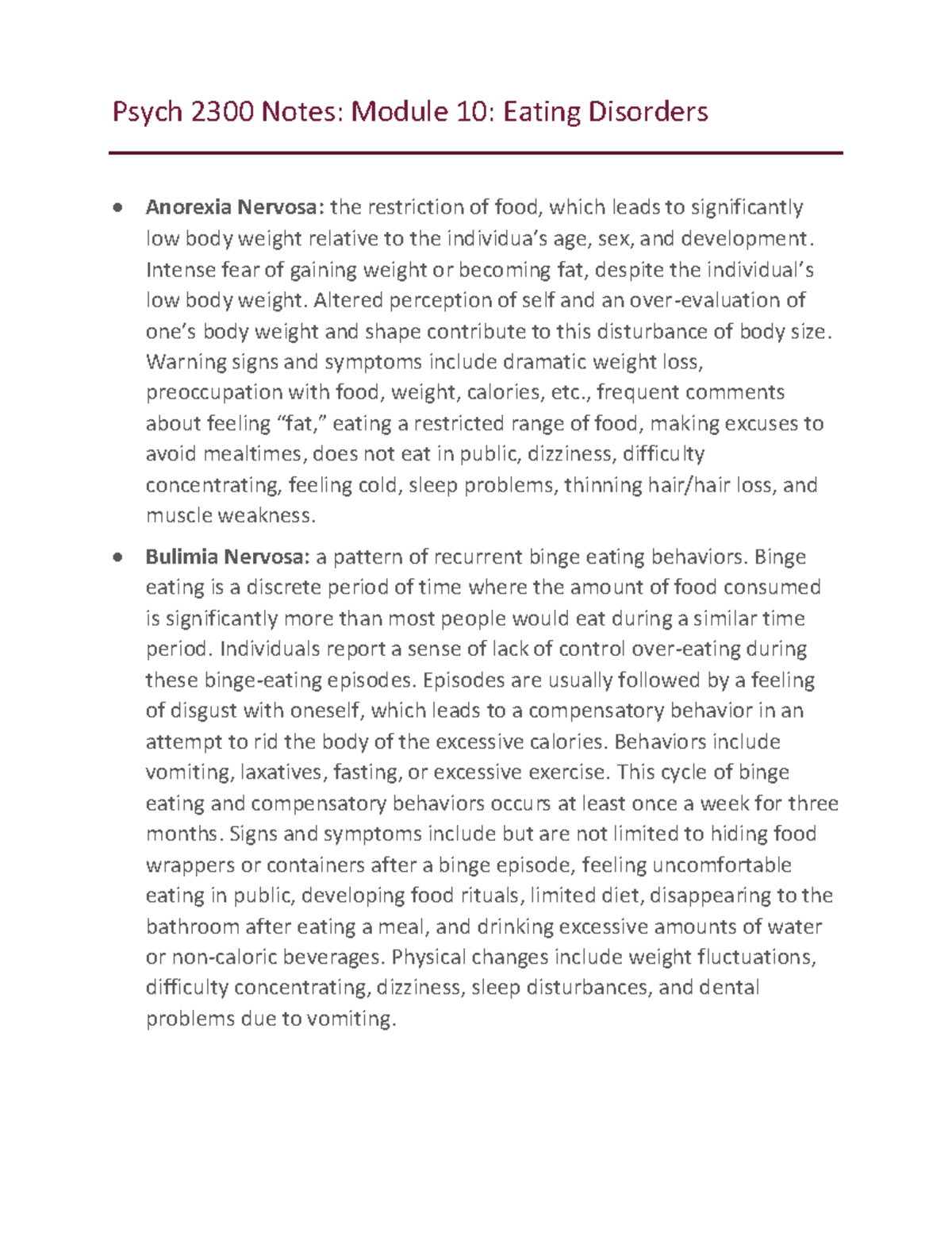 Psych 2300 Notes Module 10 Eating Disorders - Psych 2300 Notes: Module ...