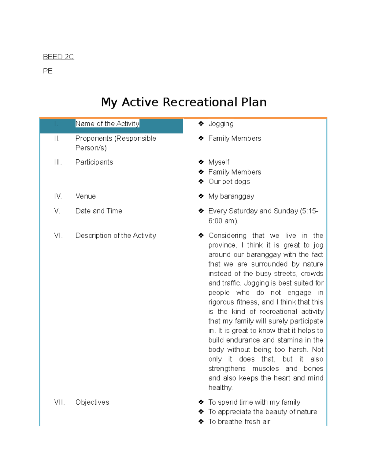 Recreational Activity Plan Example at Christian Liao blog