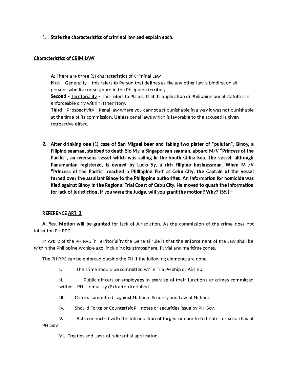 Questions Crim law 1 practice - State the characteristics of criminal ...