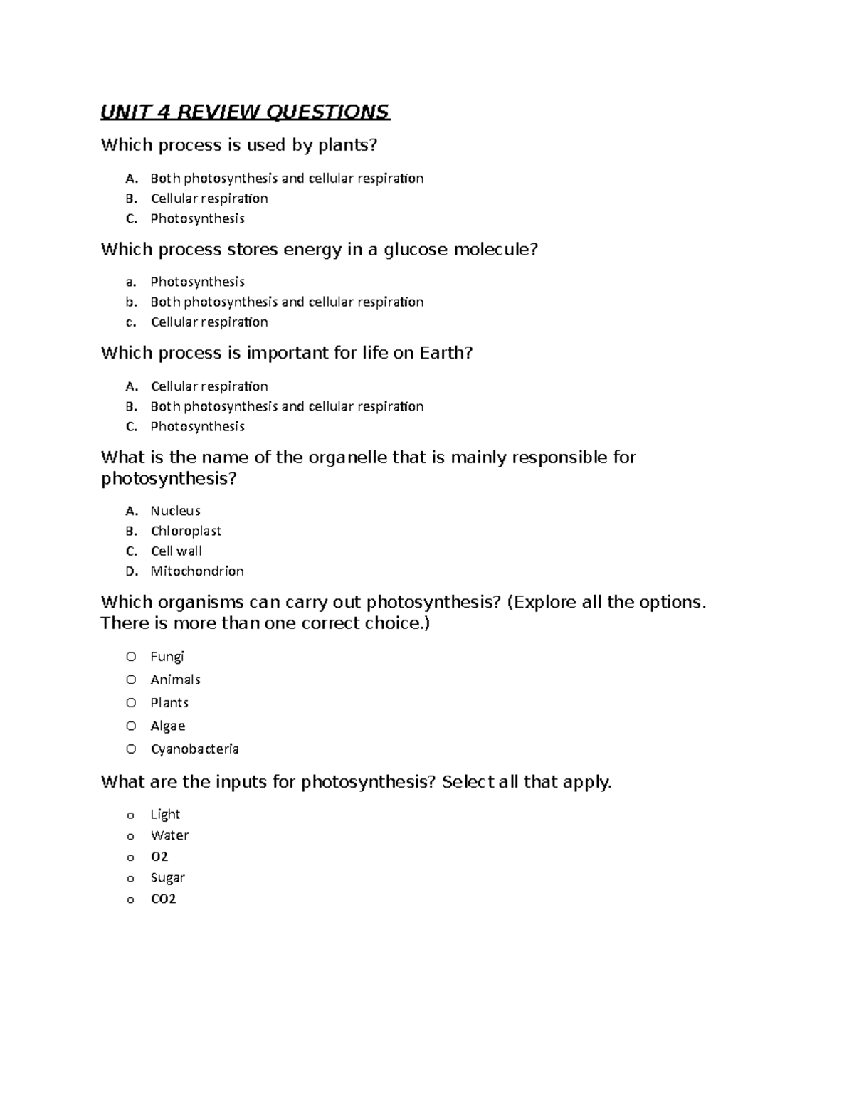 Introduction to Biology – C190 UNIT 4 Review Questions - UNIT 4 REVIEW ...